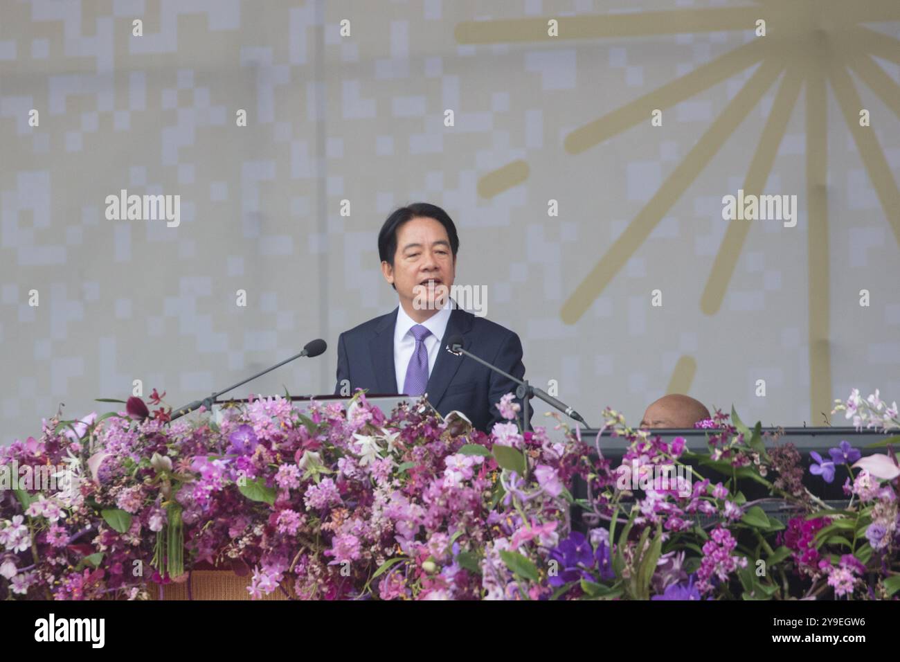 Taiwan President Lai Ching-te delivers a speech at the Presidential ...
