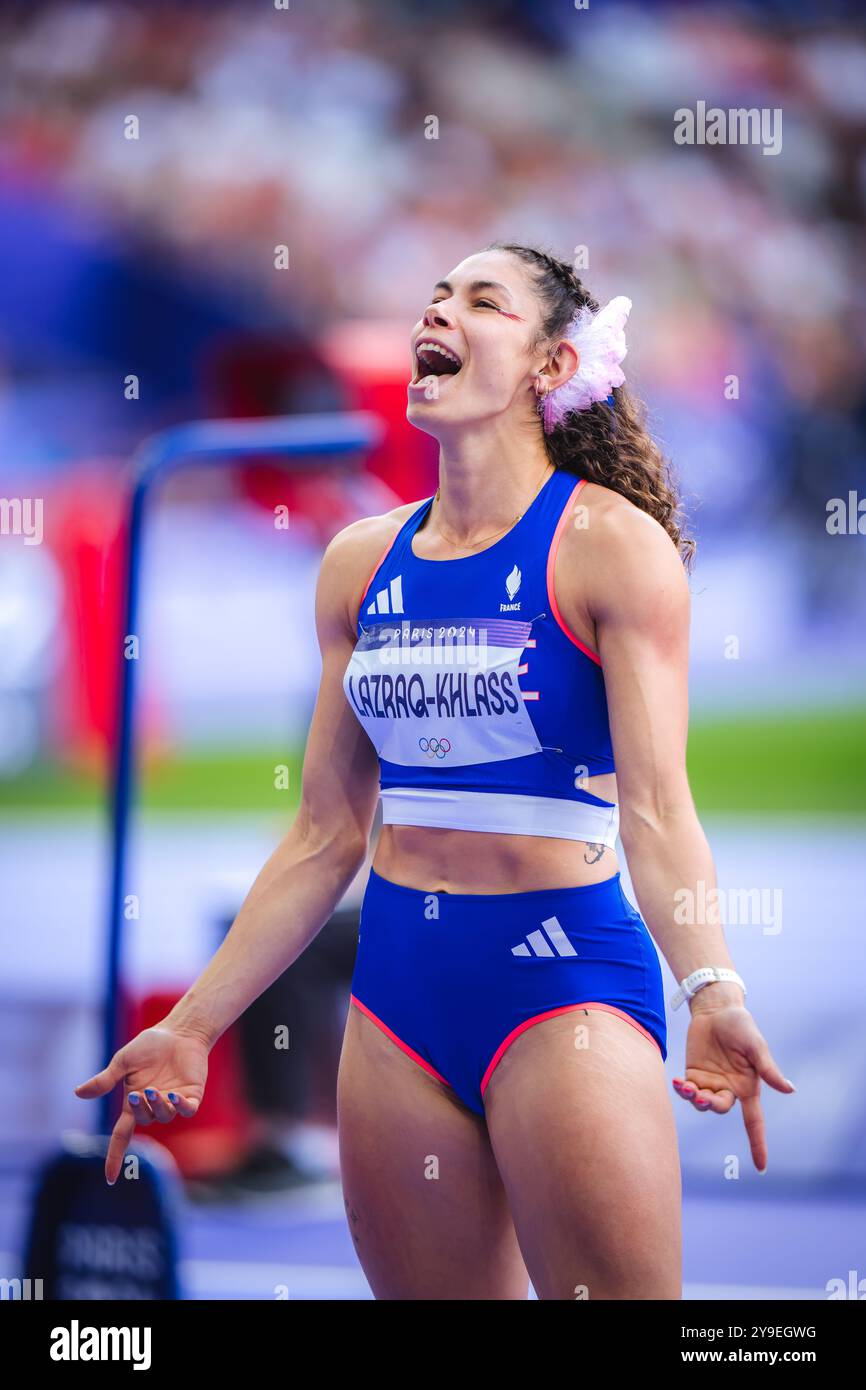 Auriana Lazraq-Khlass participating in the long jump at the Paris 2024 ...
