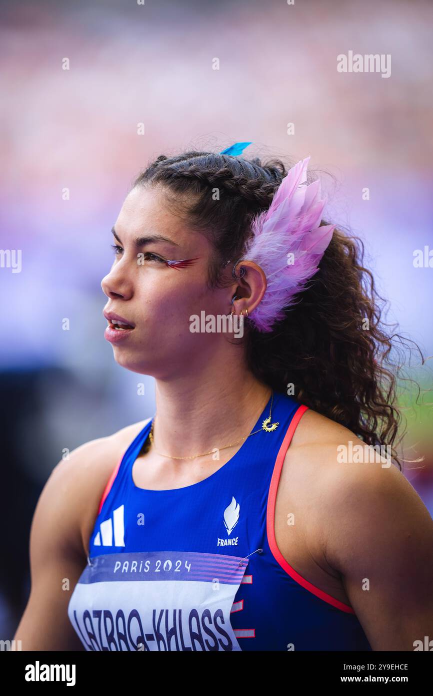 Auriana Lazraq-Khlass participating in the long jump at the Paris 2024 ...