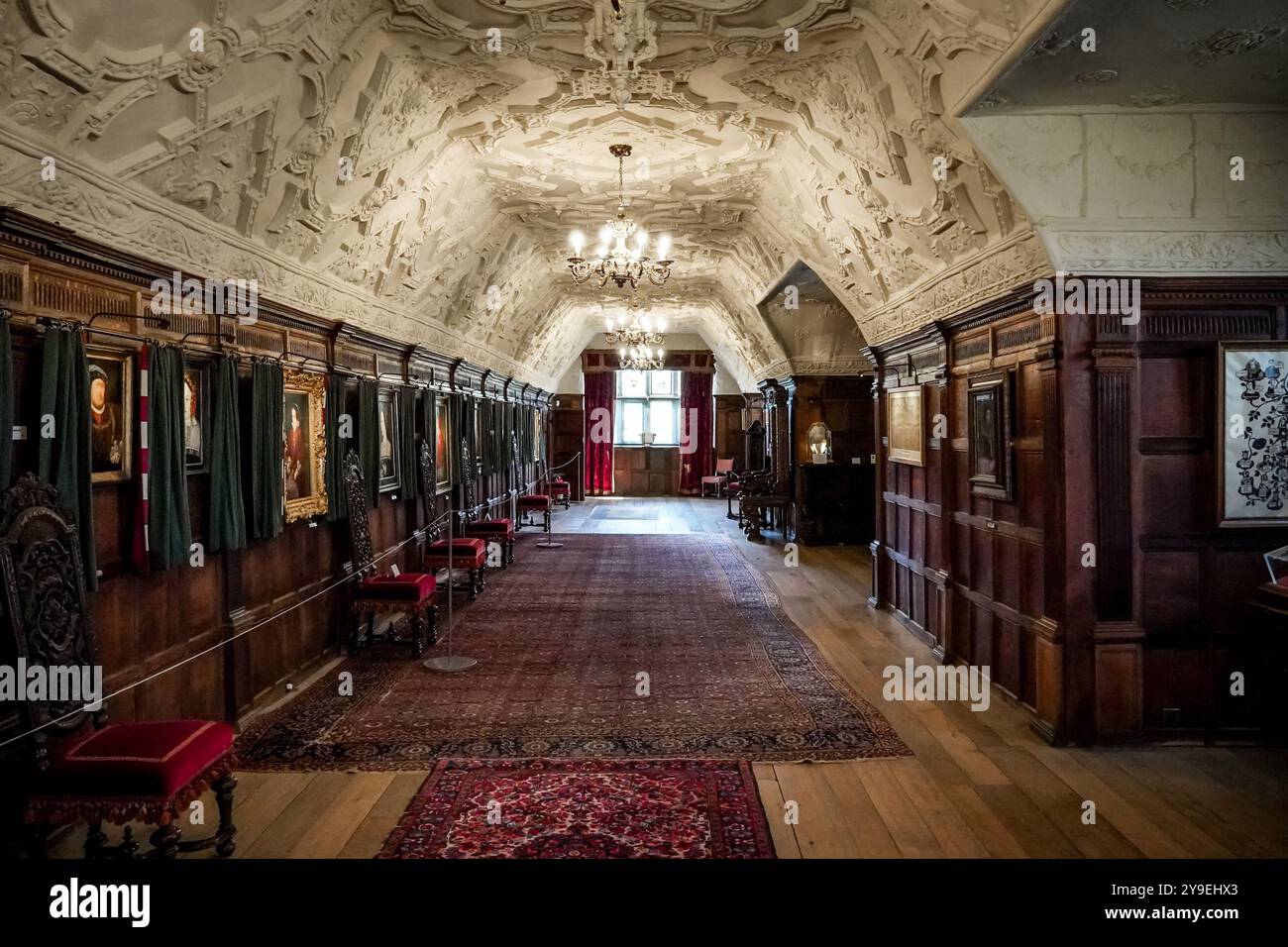 Hever, UK. 4 Oct 2024. Inside long corridor 13th century Hever Castle ...