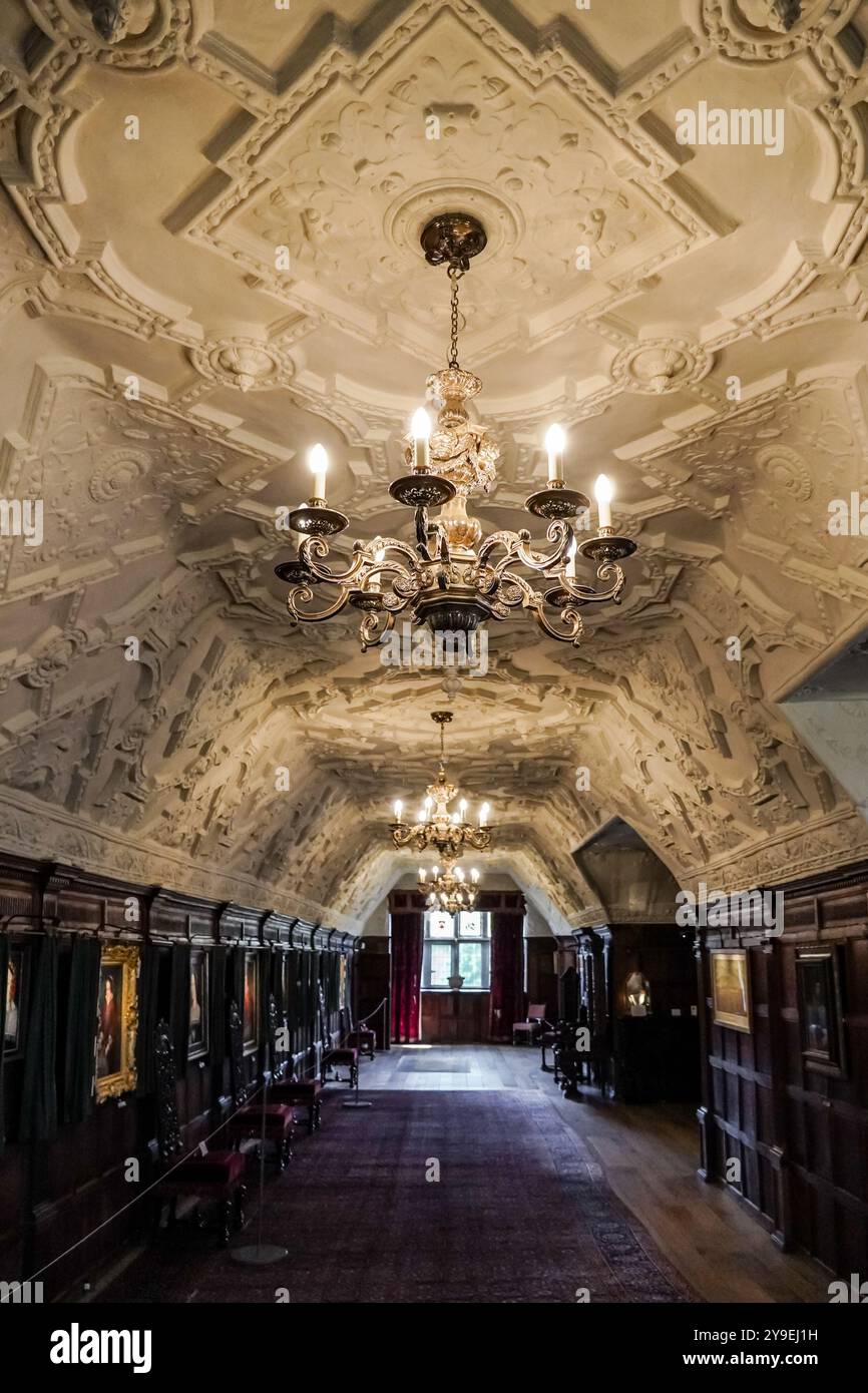 Hever, UK. 4 Oct 2024. Inside long corridor 13th century Hever Castle ...