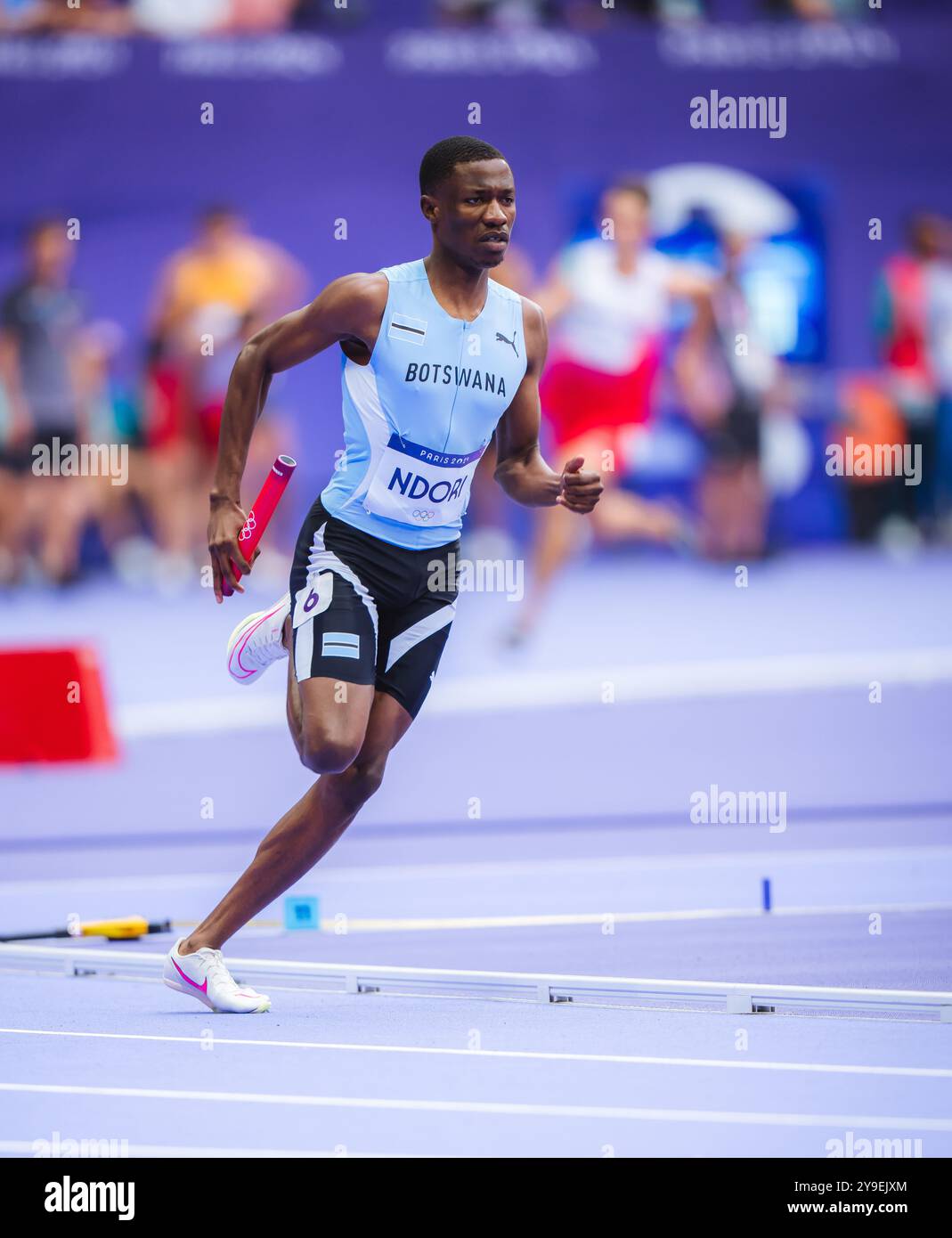 Bayapo Ndori participating in the 4X400 meters relay at the Paris 2024 ...