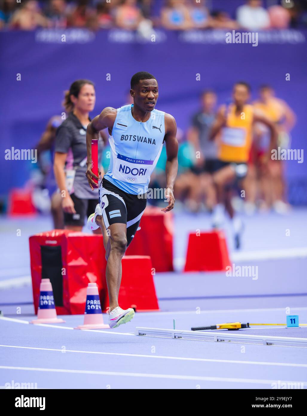 Bayapo Ndori participating in the 4X400 meters relay at the Paris 2024 ...