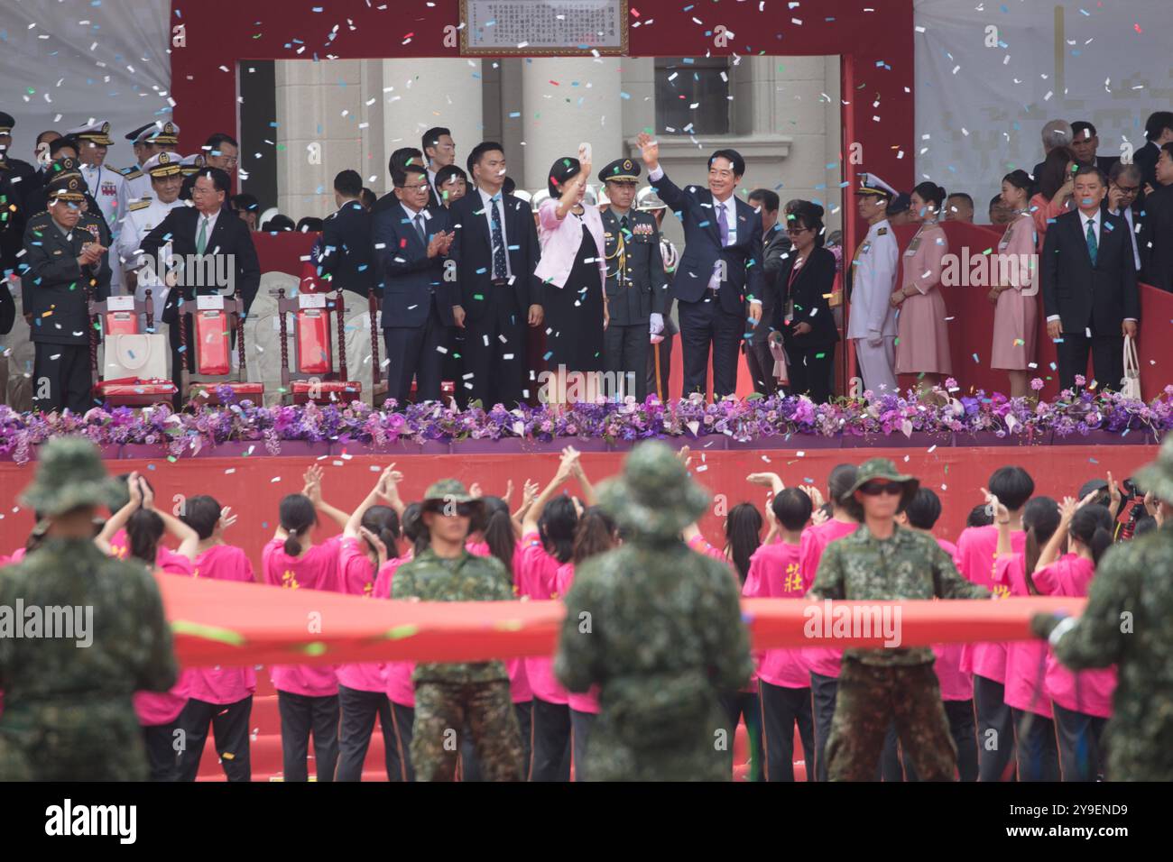 Taiwan President Lai Ching-te waves at the Presidential Palace during ...