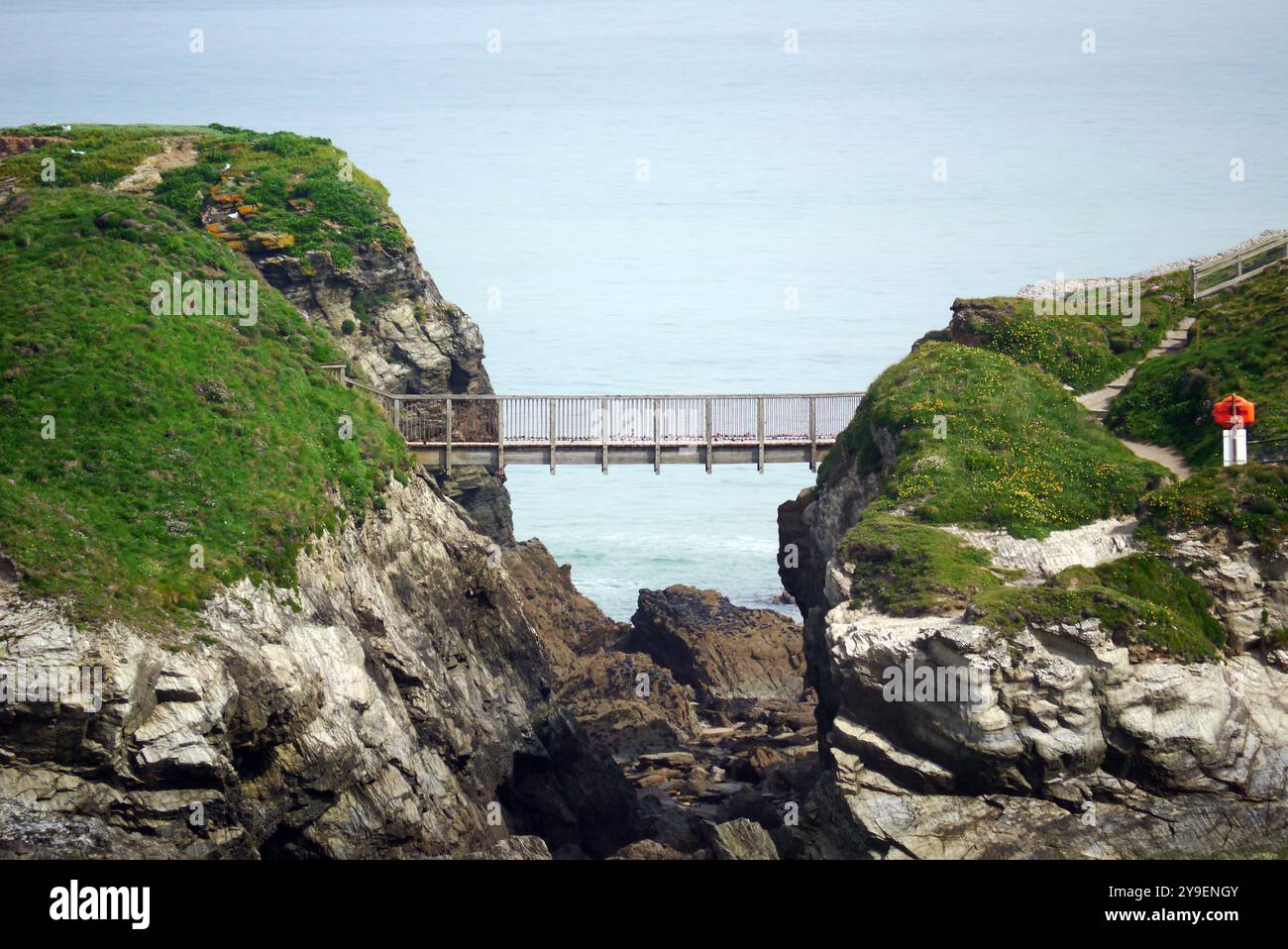 Wooden Footbridge to Trevelgue Head on Porth Island by Porth Beach near ...