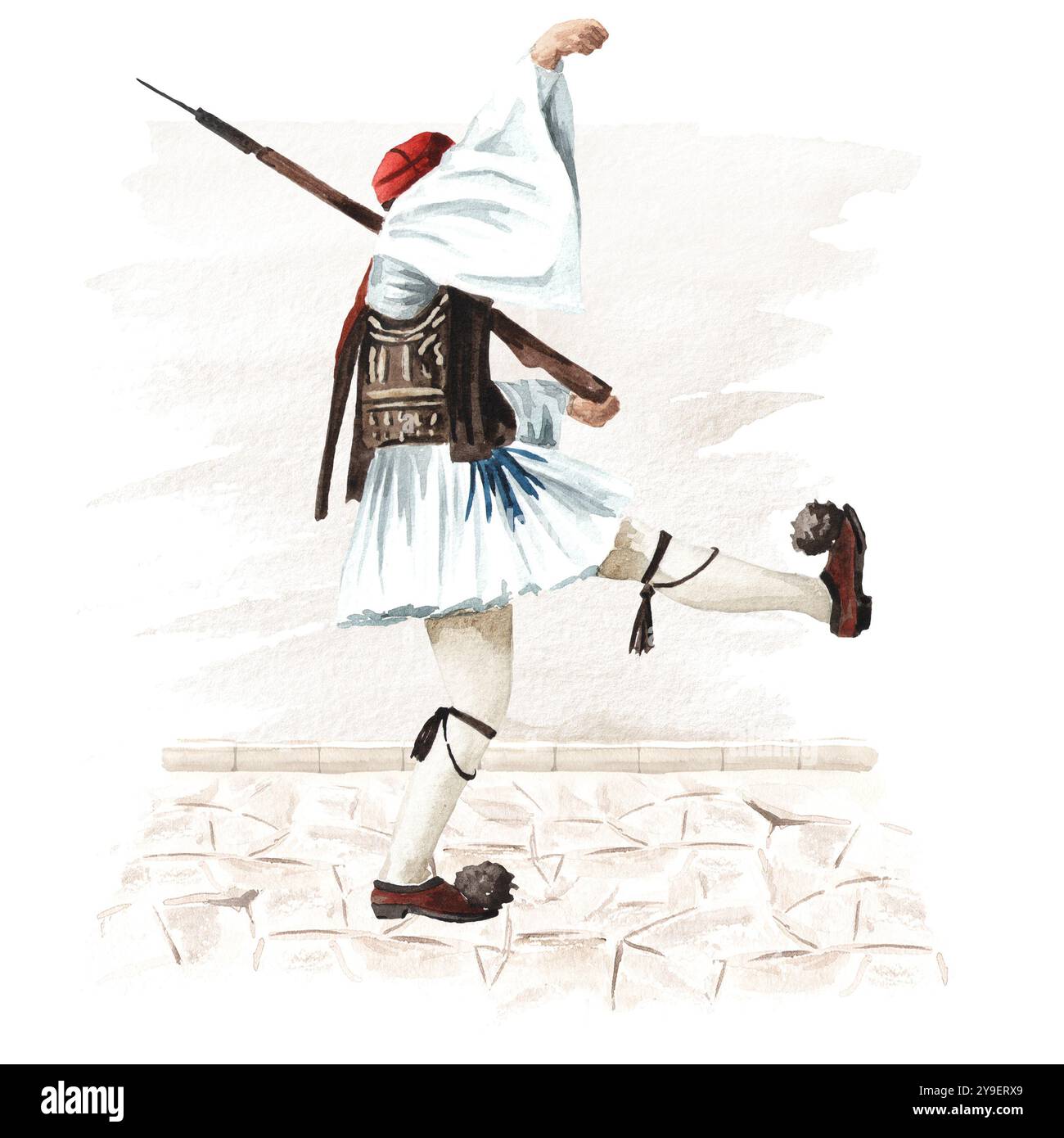 Greek Evzone Guard, Mediterranean, Greece. Hand drawn watercolor ...