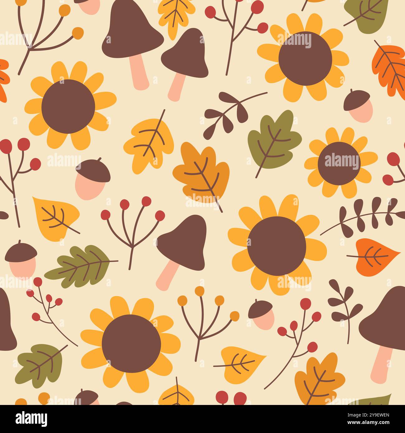 Fall seamless pattern. Autumn background with sunflowers, mushrooms ...