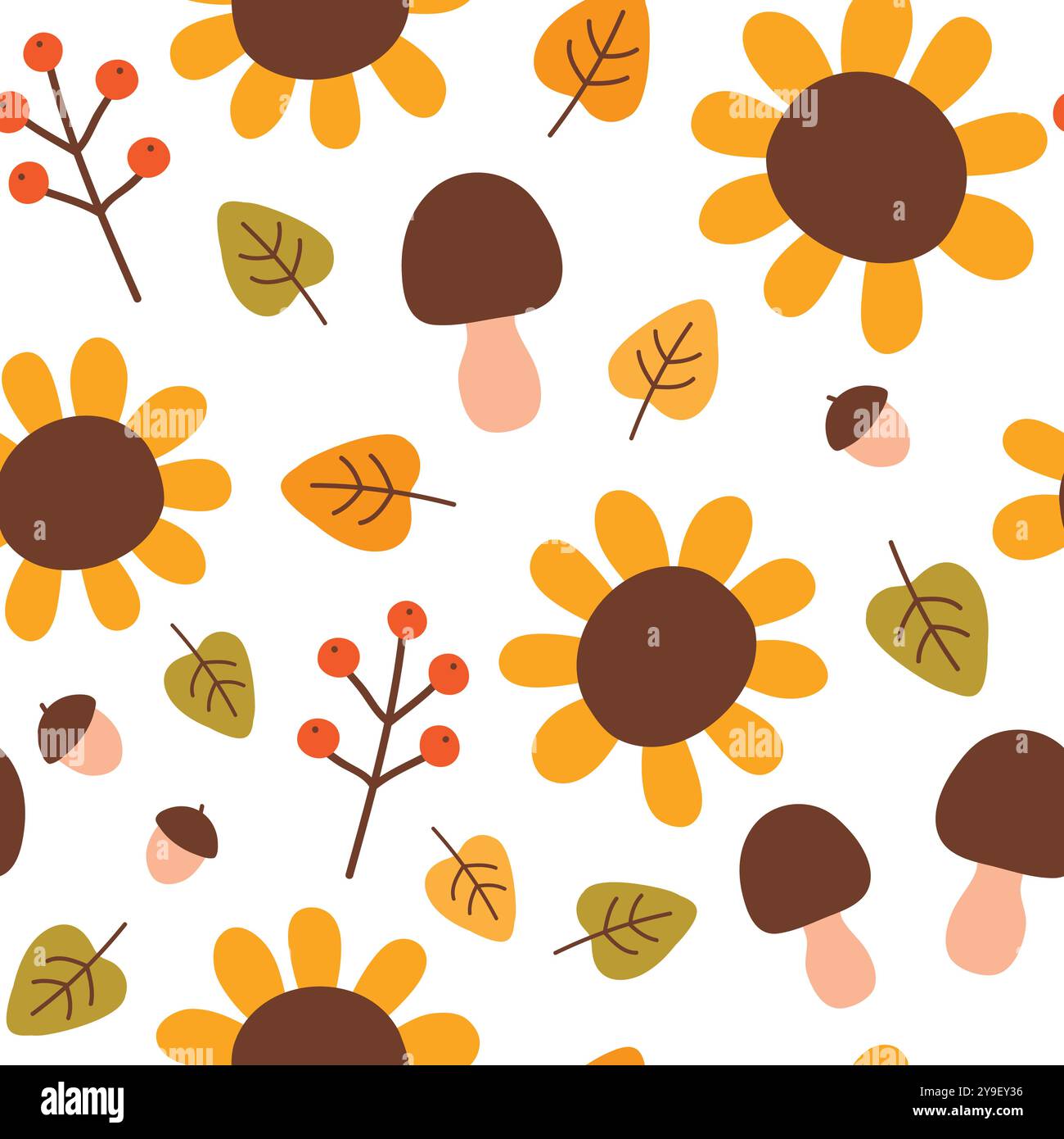 Fall seamless pattern. Autumn background with sunflowers, mushrooms ...