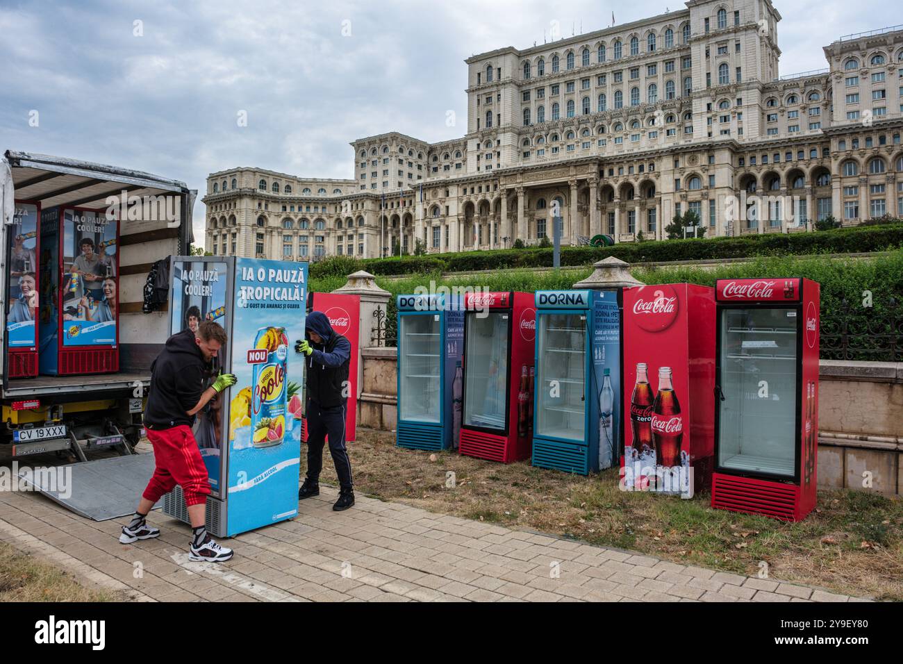 Delivering vending machines for an event outside the Palace of the ...