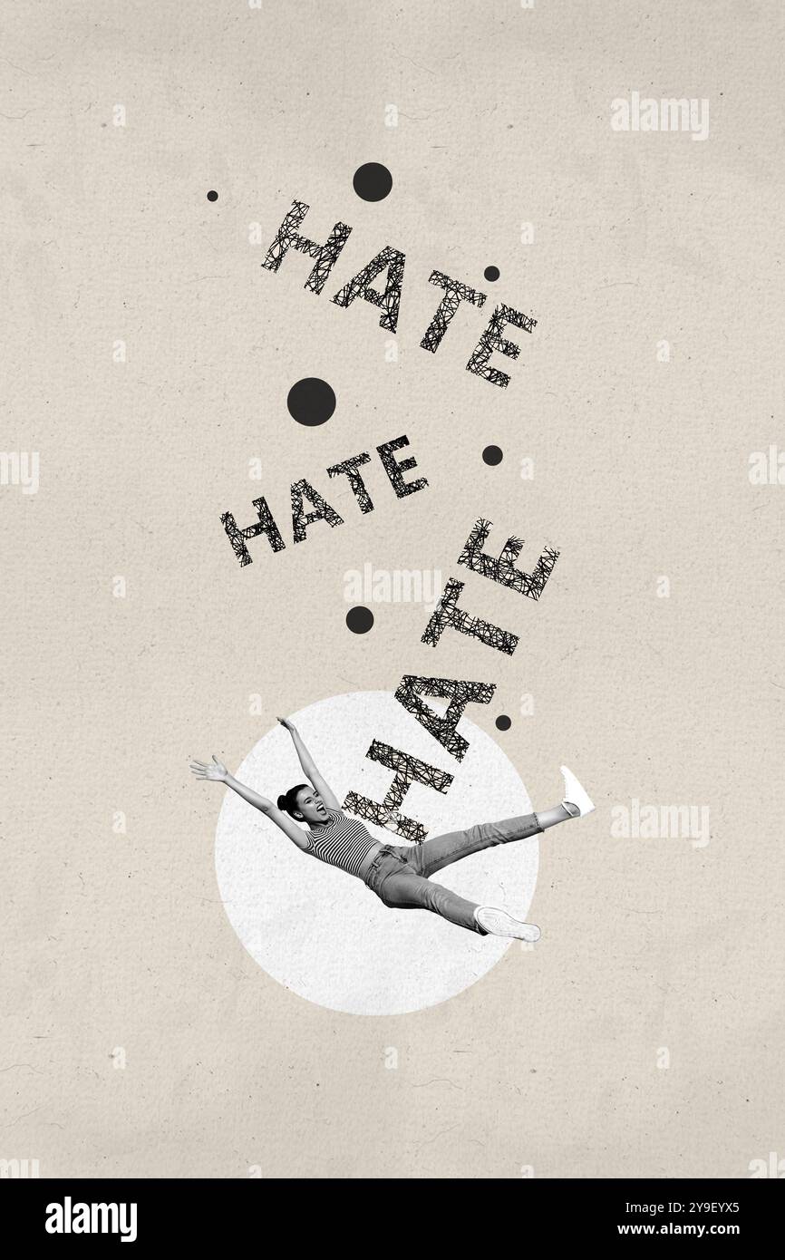 Vertical photo collage of scream panic girl fall hate stereotype ...