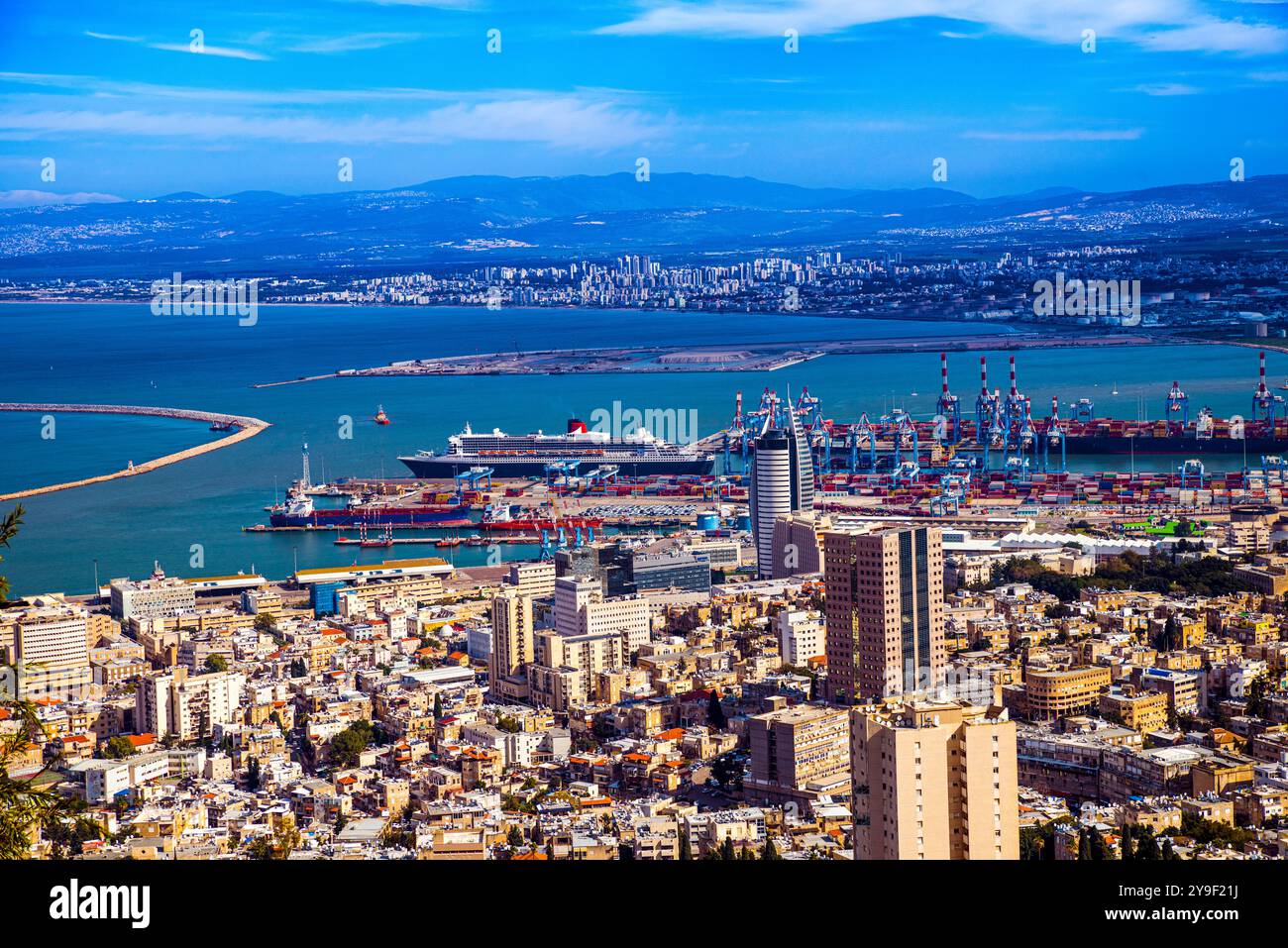 Panoramic view from Mount Carmel to cityscape and port in Haifa, Israel ...