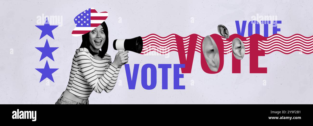 Collage poster of smiling excited woman hold toa announce news ...