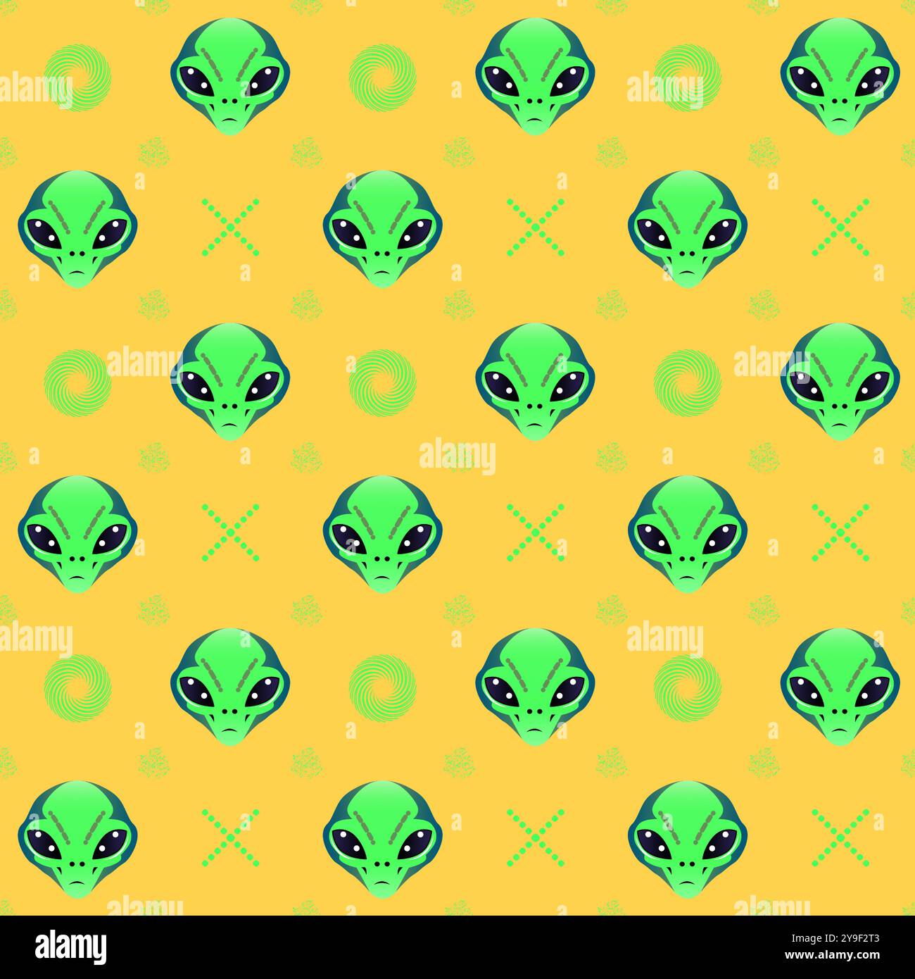 Trendy seamless pattern with alien head and mysterious green characters ...