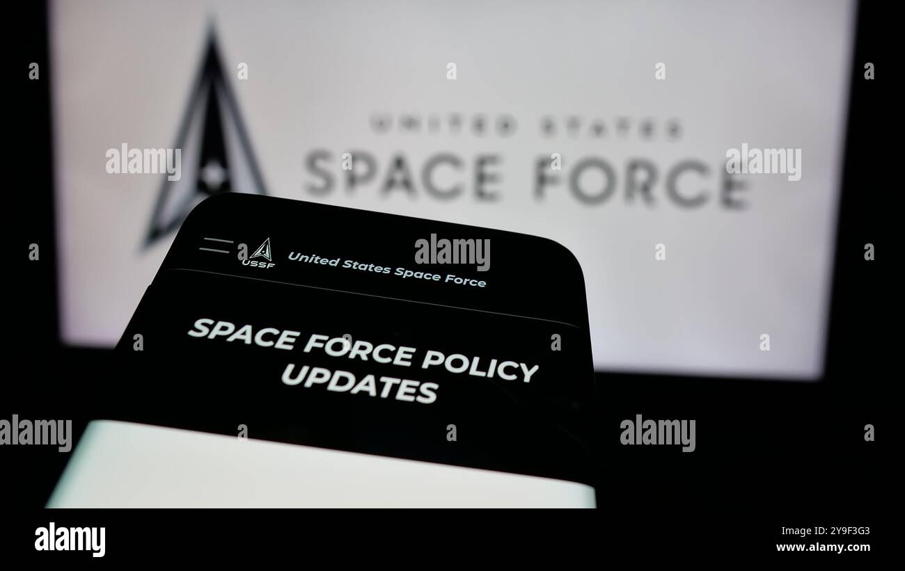 Mobile phone with website of United States Space Force (USSF) on screen ...
