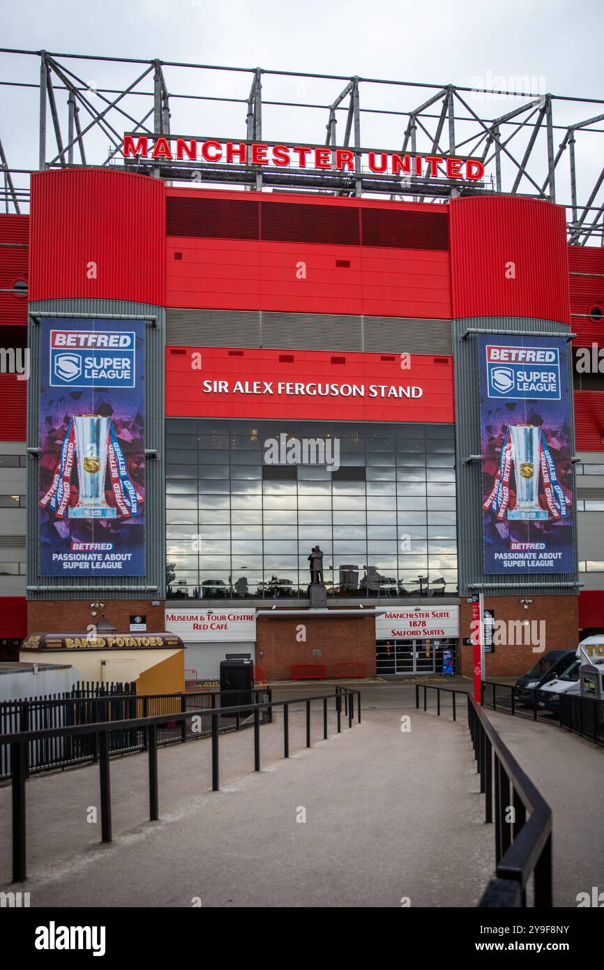 View of the Sir Alex Ferguson Stand (and statue) at Manchester United ...