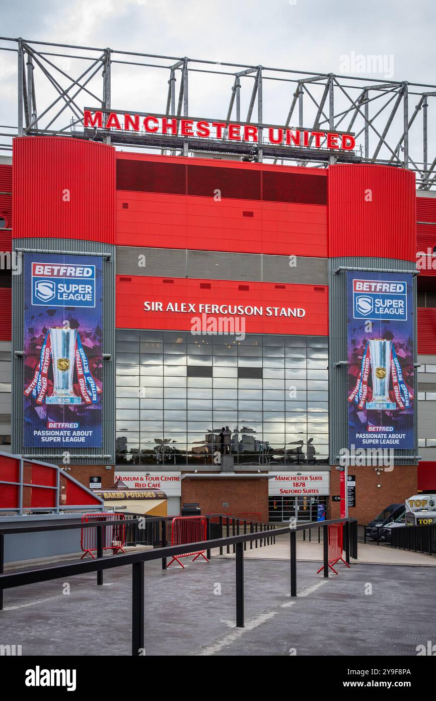 View of the Sir Alex Ferguson Stand (and statue) at Manchester United ...