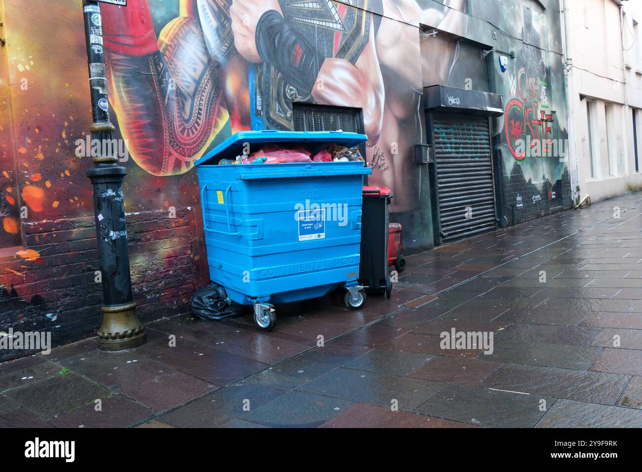 Full Blue Mixed Paper and Card Bin with spray painted mural in the ...