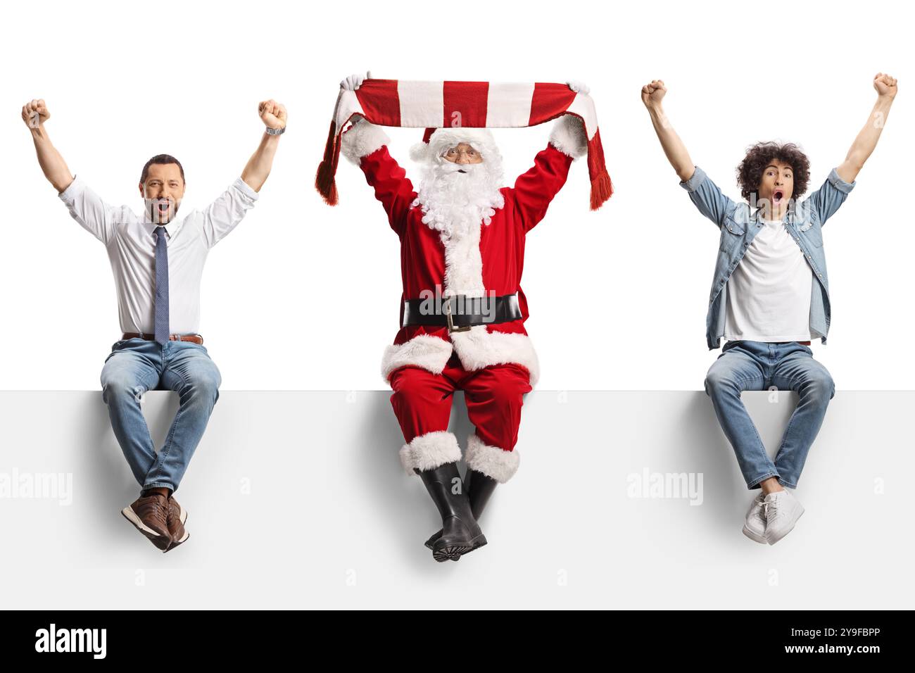 Santa claus and two men cheering and sitting on a blank panel isolated ...