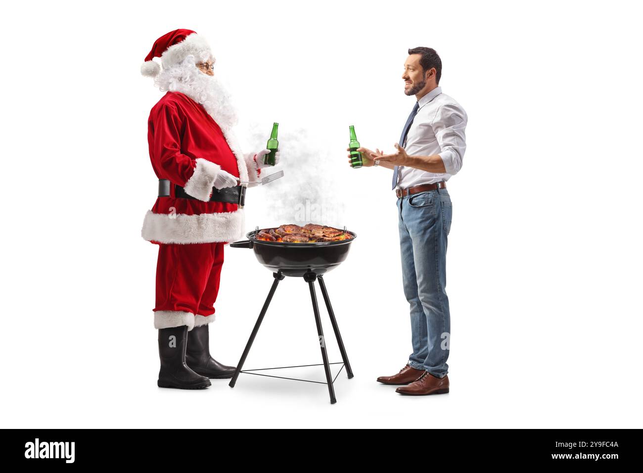 Santa claus and a young man having beer and making bbq isolated on ...