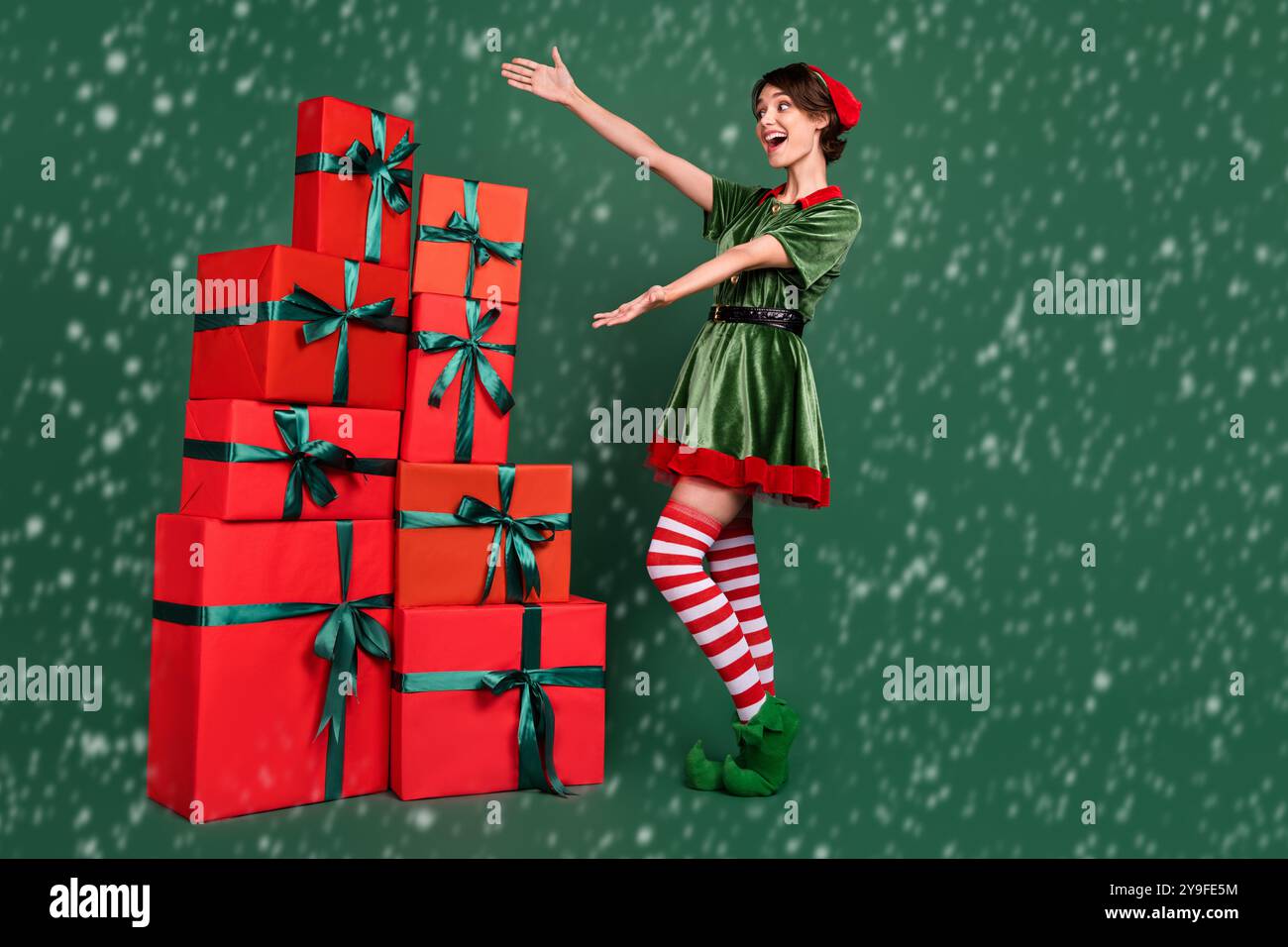 Photo of confident impressed young woman dressed elf costume showing ...