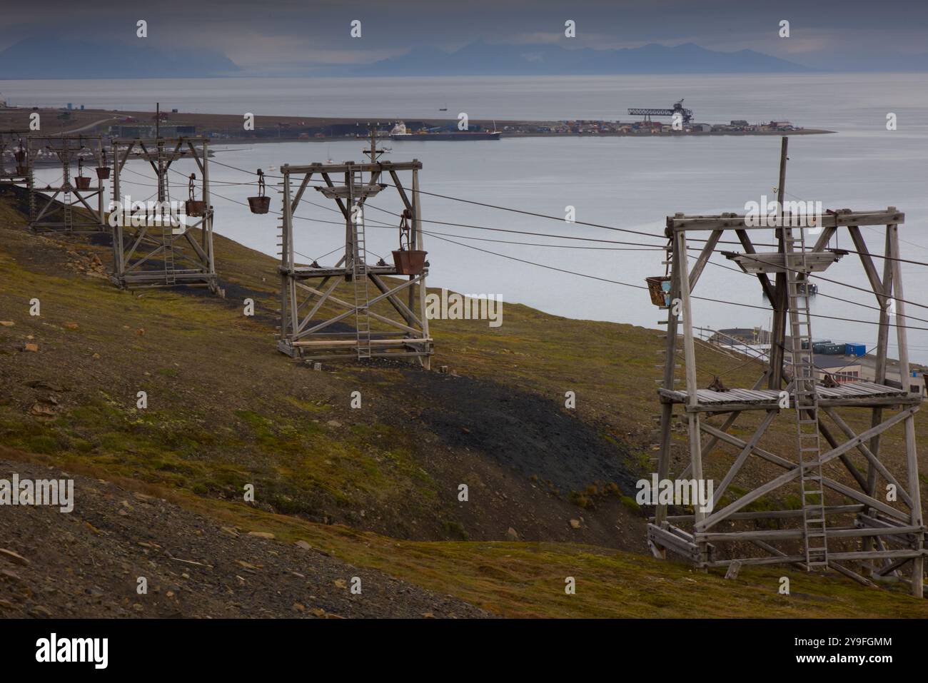 Old abandoned mining structures in the town of Longyearbyen, Svalbard ...