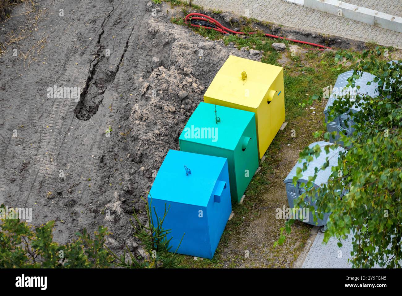 green and green and blue garbage can and ground view from above Stock ...