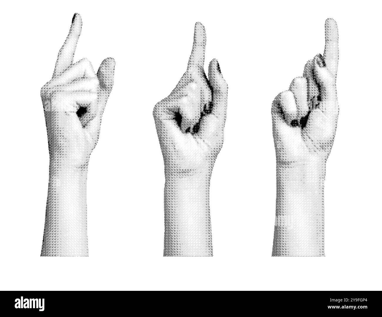 Finger pointing gesture, indicating. Pointer up. Halftone textured style vector isolated on ...