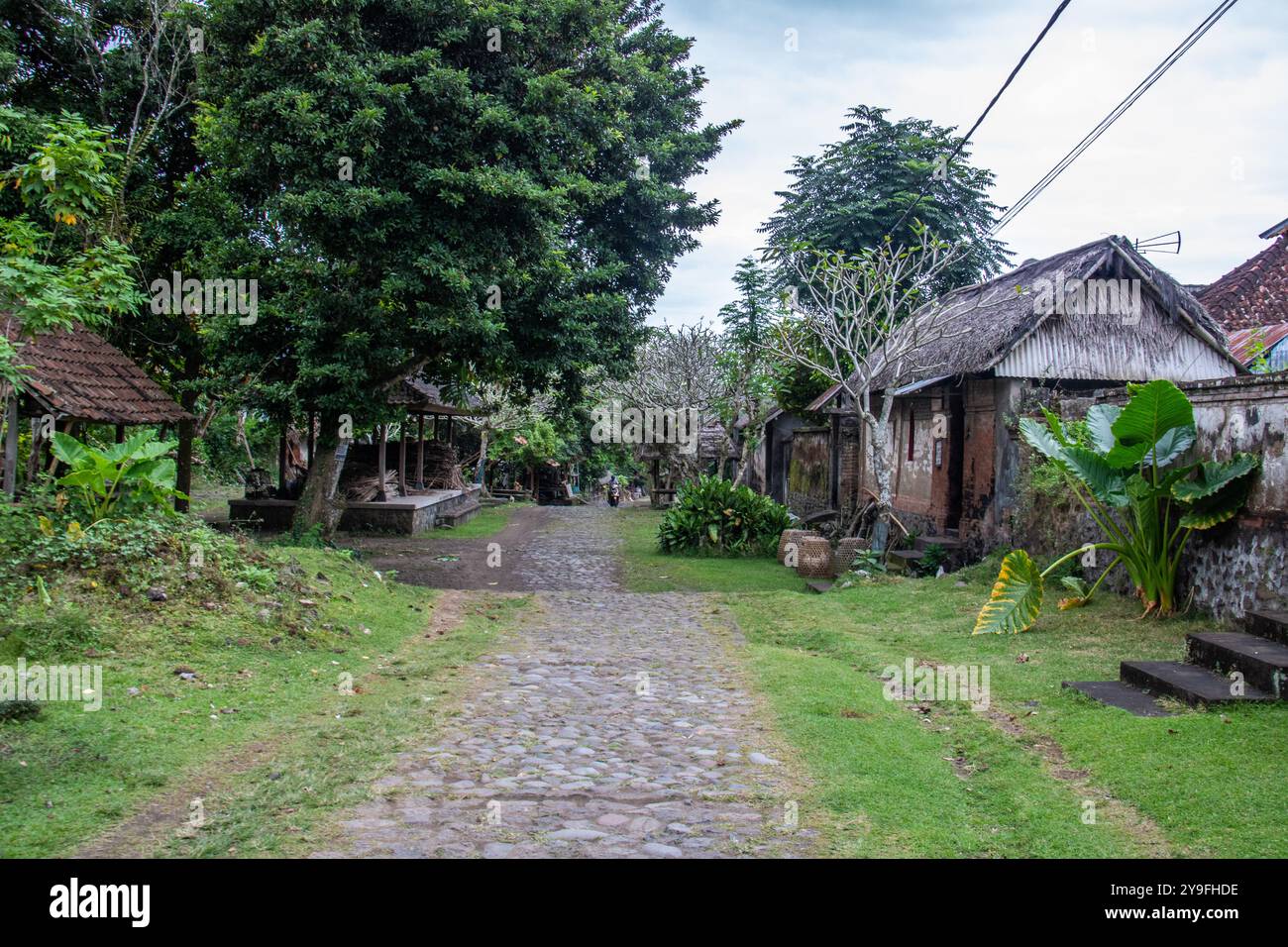 A traditional village with brightly colored chickens. Historic ...