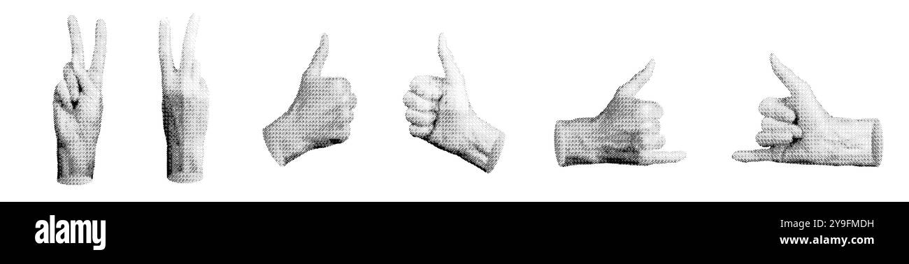 Hand gestures, victory, thumb up, surfing sign. Halftone style vector ...