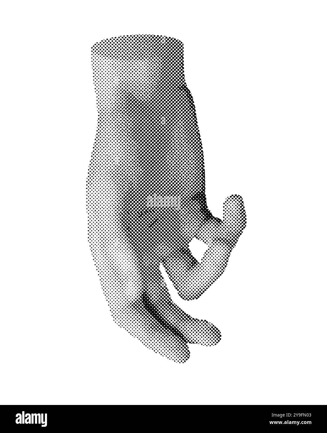 Hand gesture, fingers reaching out down, touching, outstretched. Halftone style vector isolated ...
