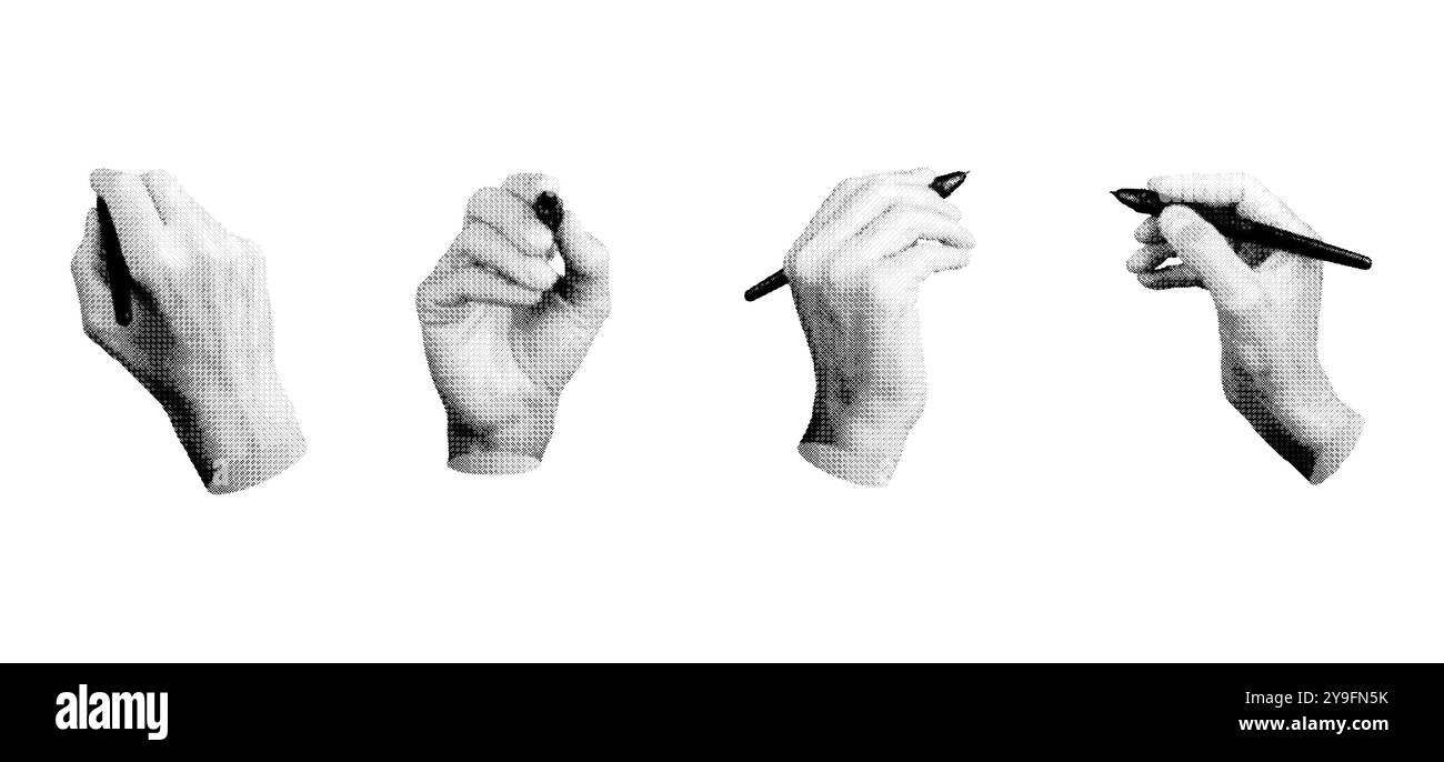 Hand holding pen, stylus for handwriting, drawing, set. Halftone style ...