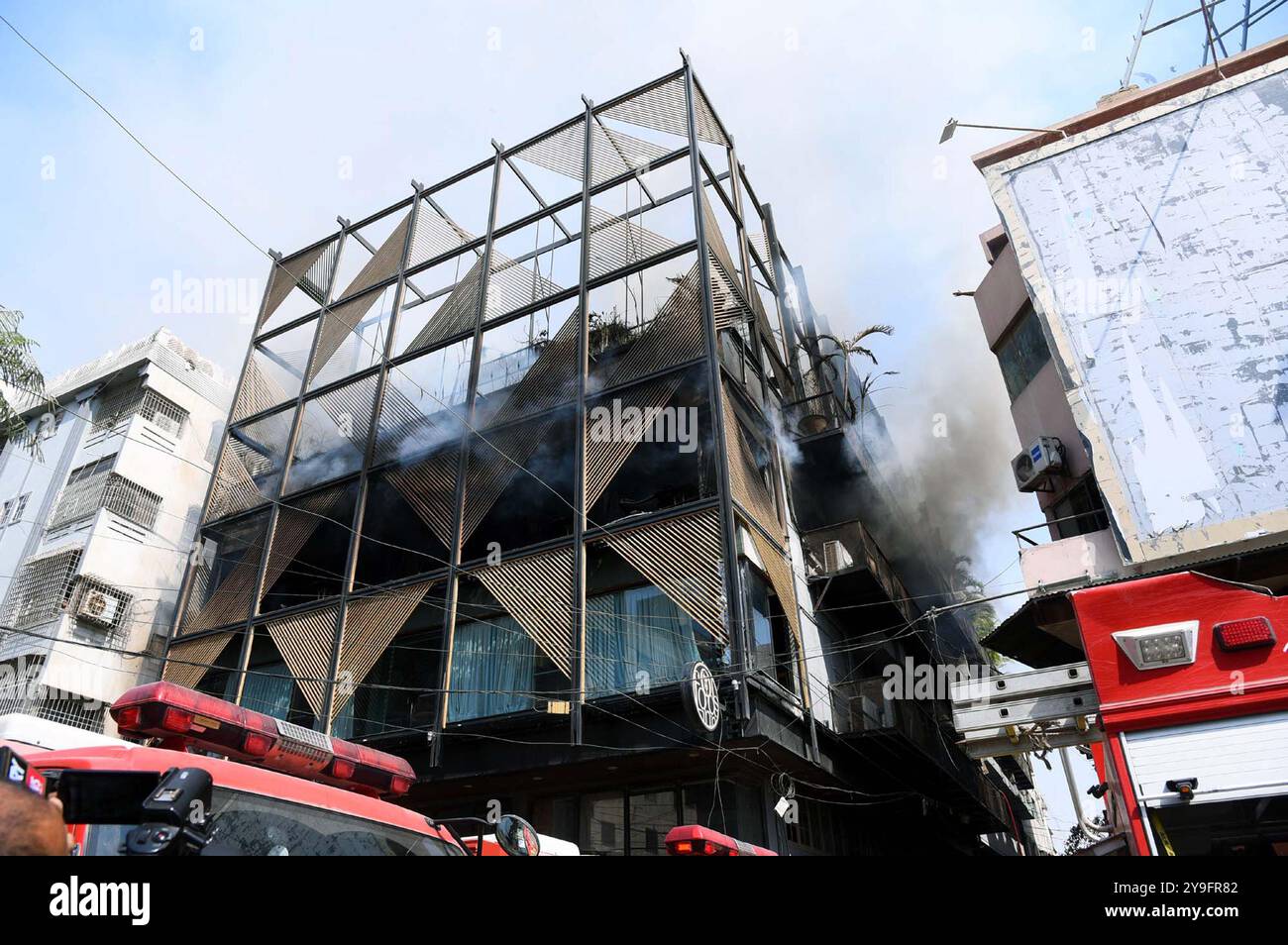 View of site after fire broke out incident at food restaurant building ...