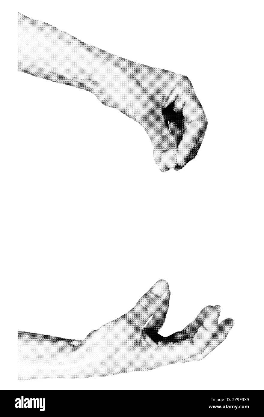 Hands giving, palm taking and begging. Halftone style vector isolated ...