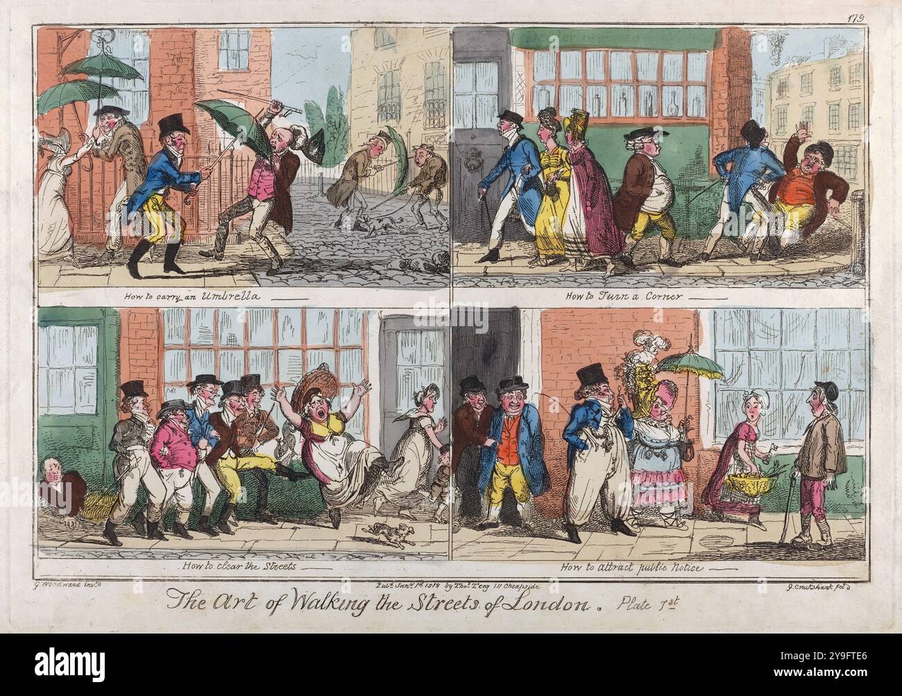 A humorous print coloured engraving of The art of walking the streets ...