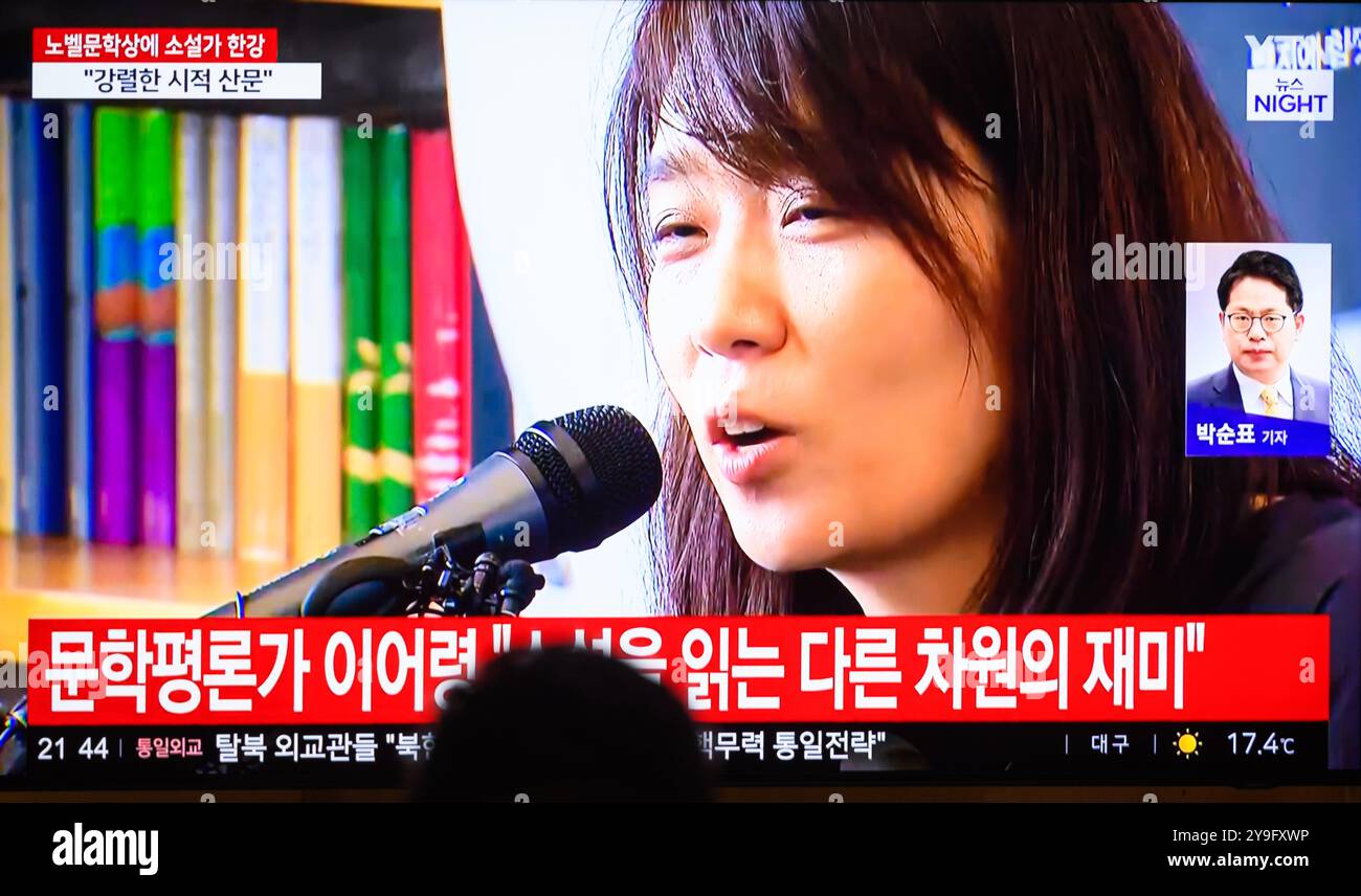 Seoul, South Korea. 10th Oct, 2024. A 24-hour YTN TV broadcast at Seoul Railway Station in Seoul ...