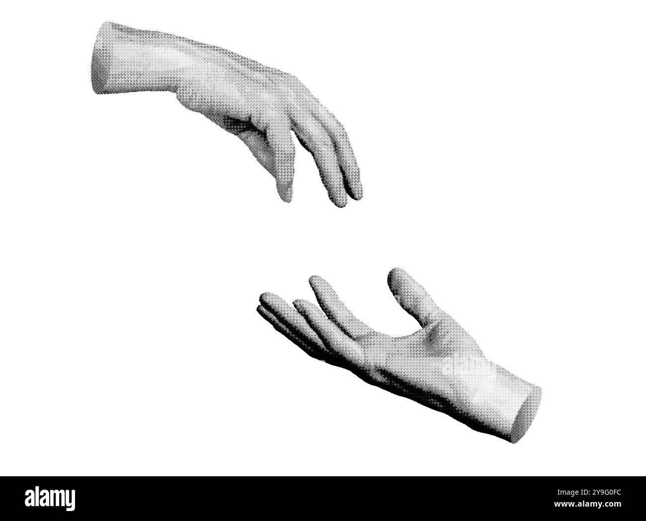 Two hands reaching to each other for love, unity, help, fingers ...