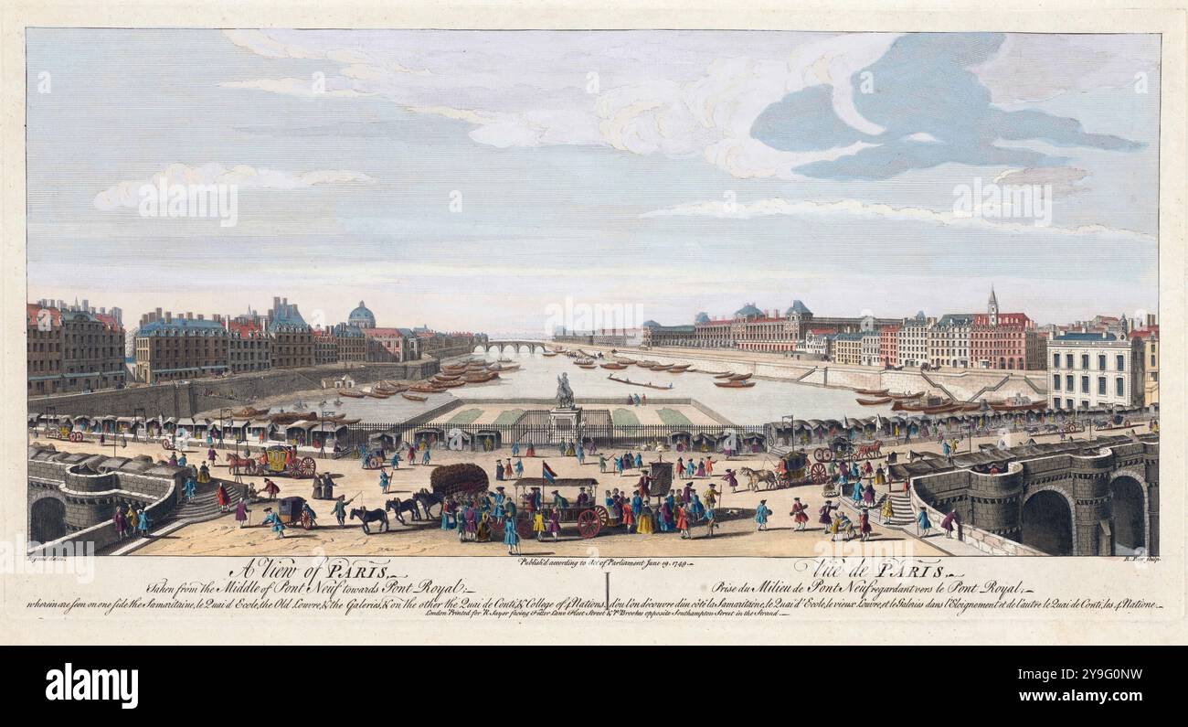 An 18th century view of Paris taken from the middle of Pont Neuf ...