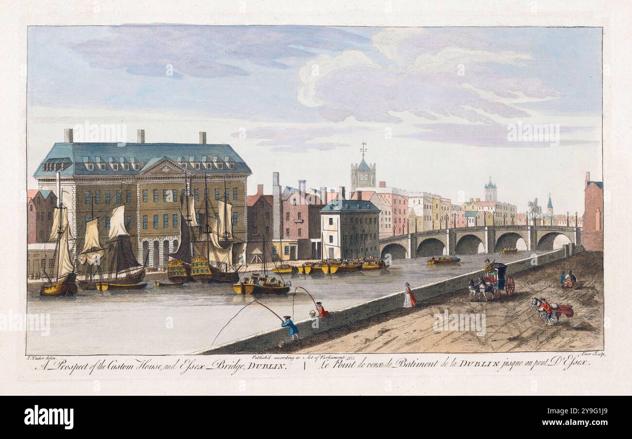 A print coloured engraving of a view of the Custom House Dublin in 1753 Publisher Robert Sayer ...