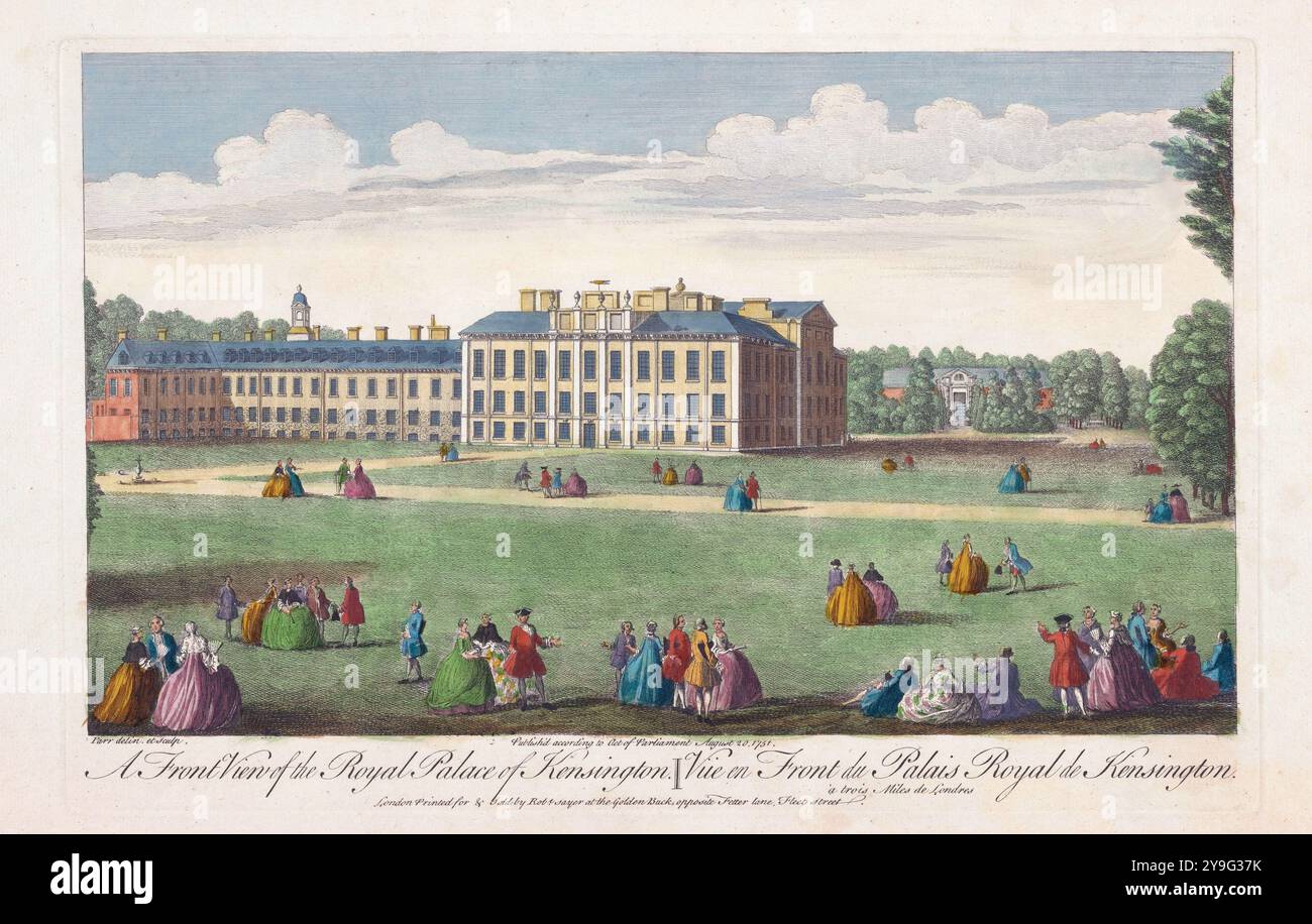 A vintage print coloured engraving of a view of the front of the Royal ...