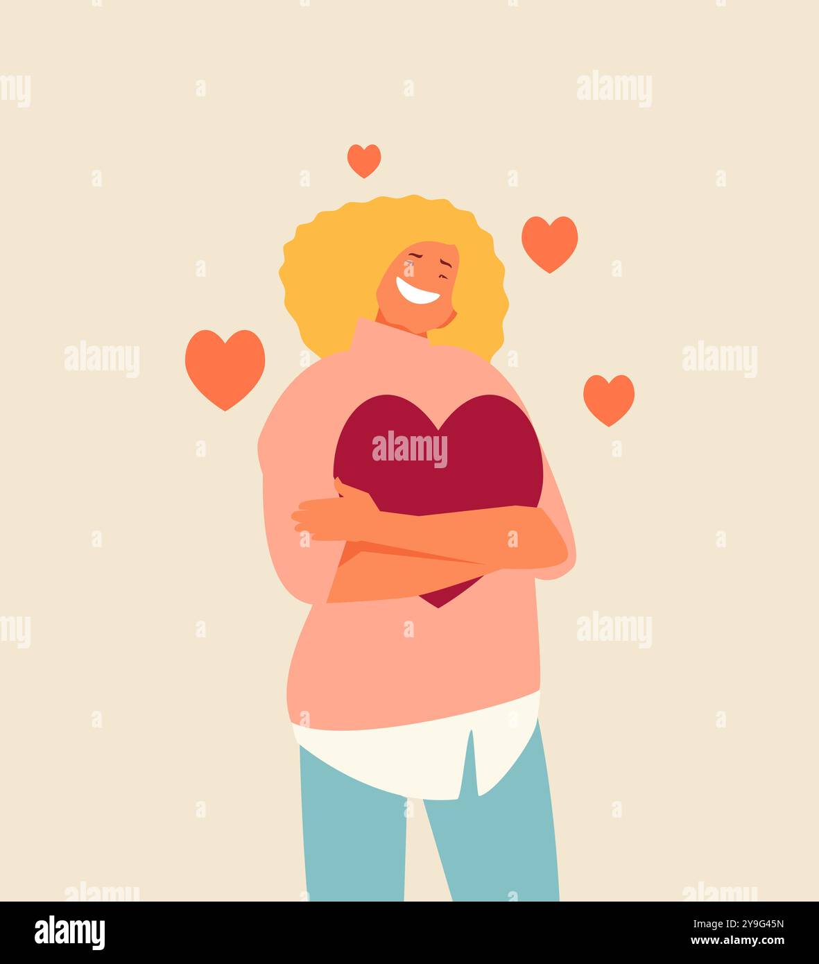 Happy girl hugging herself. Love yourself vector illustration Stock ...
