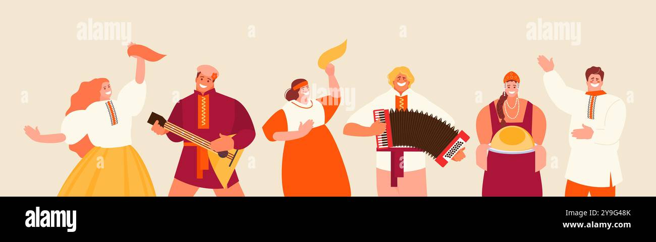 Cheerful and hospitable Russian people in traditional costumes ...