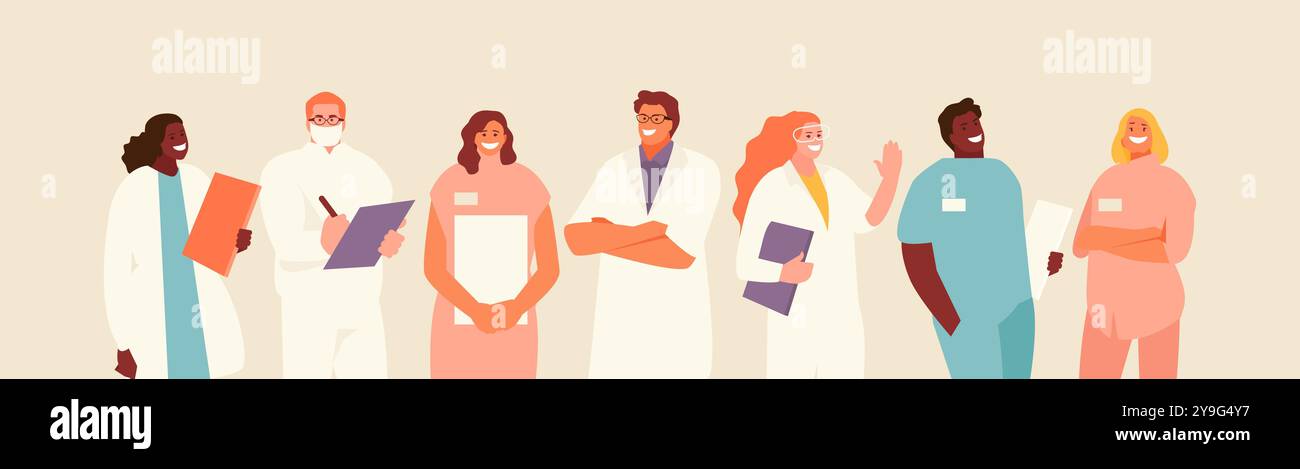Group of friendly medical workers. Doctors, orderlies, nurses vector ...