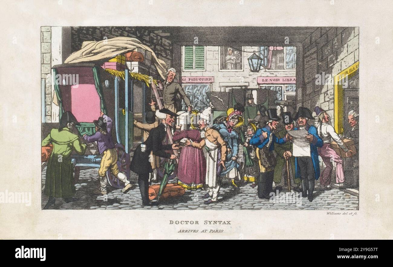 A humorous cartoon print coloured engraving Doctor Syntax arrives in ...