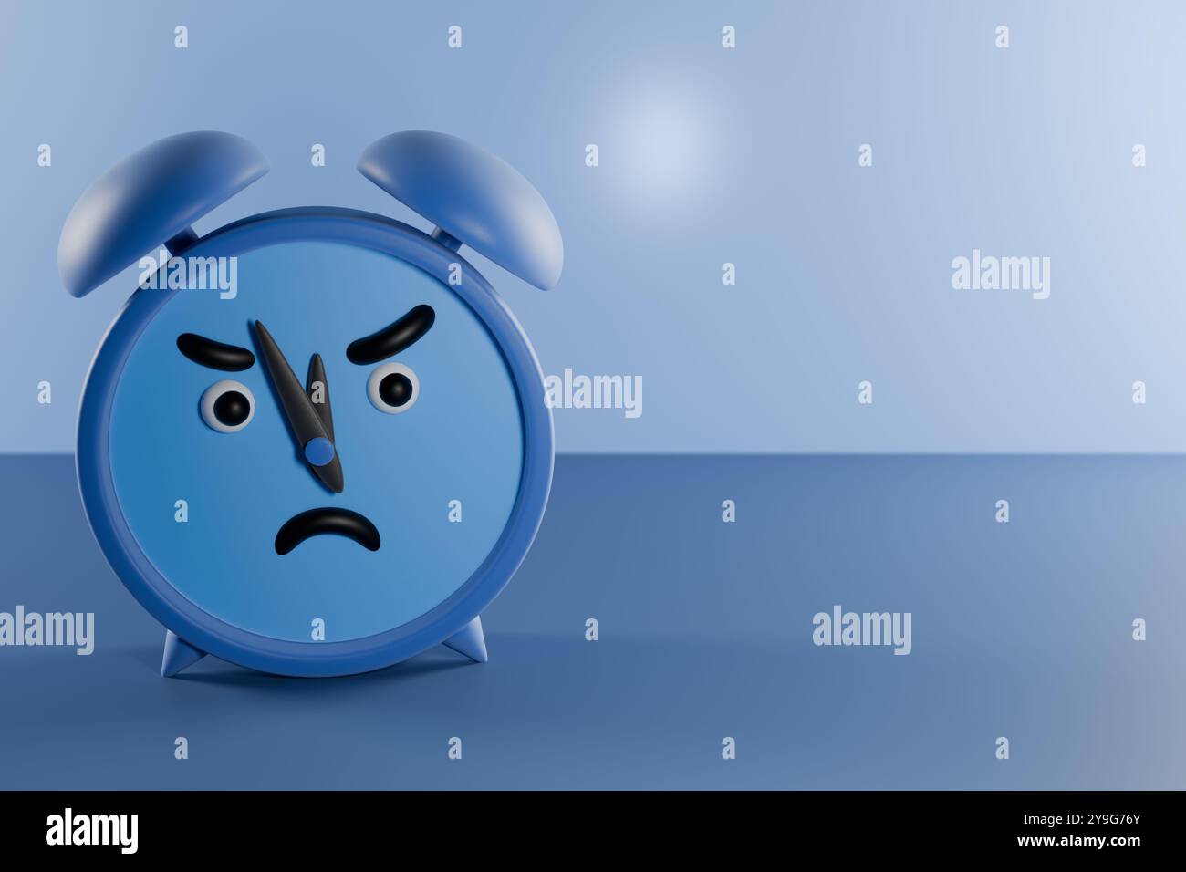 A frowning blue alarm clock symbolizes stress and urgency, reflecting ...