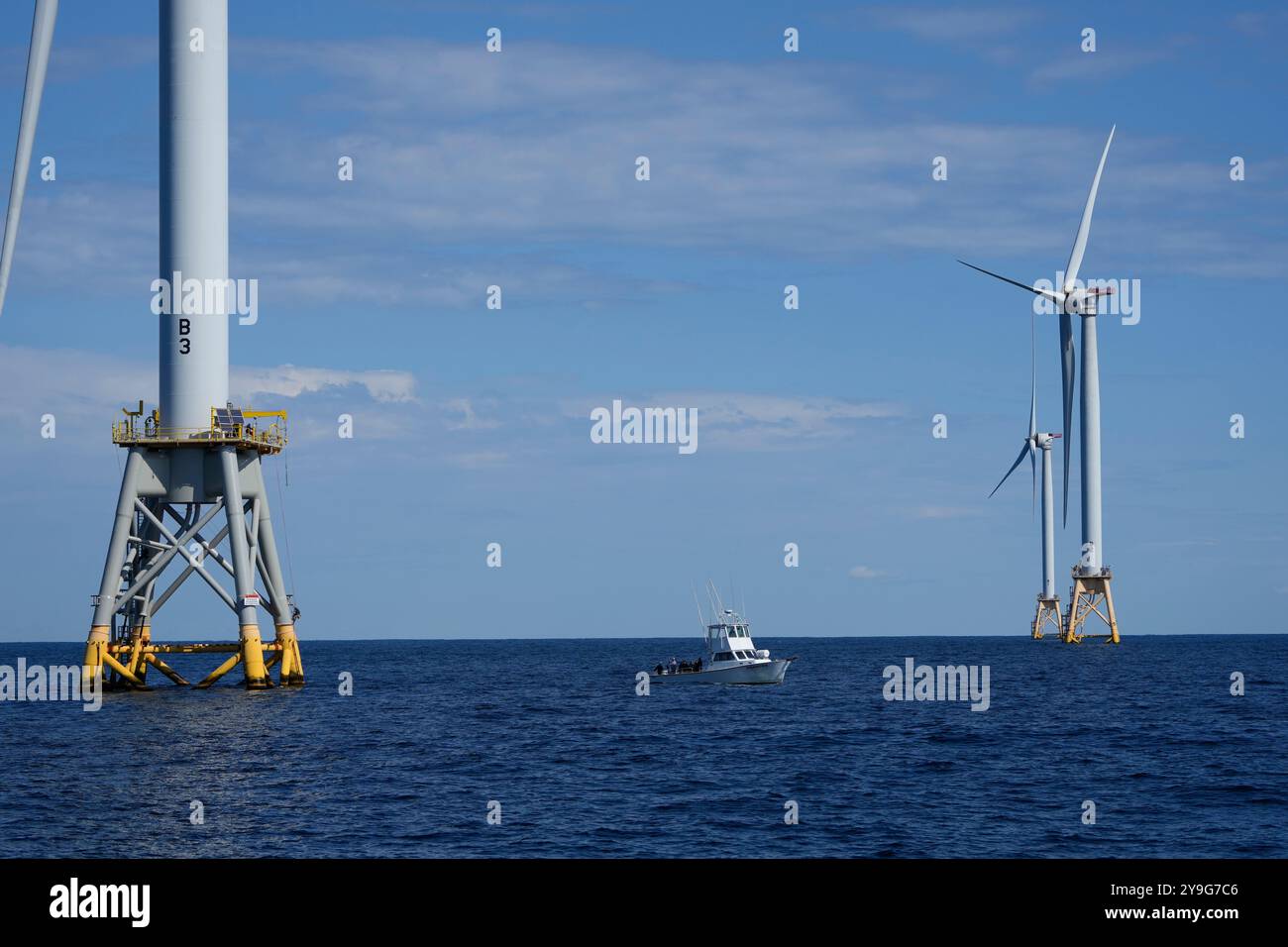 Wind turbines of the Block Island Wind Farm are seen near Block Island ...