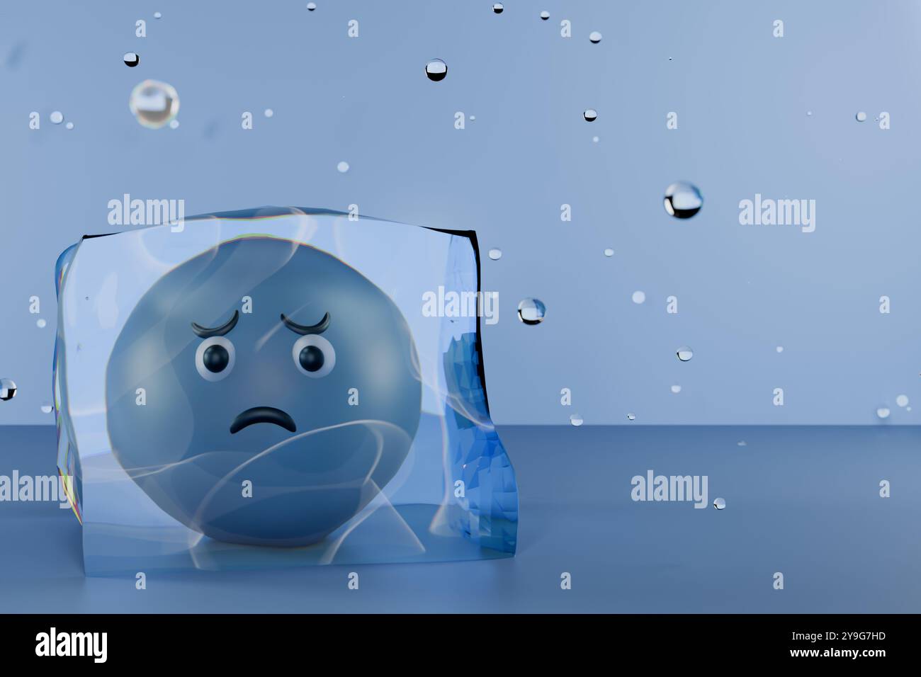 A sad blue emoji trapped in ice, conveying a feeling of being stuck or ...