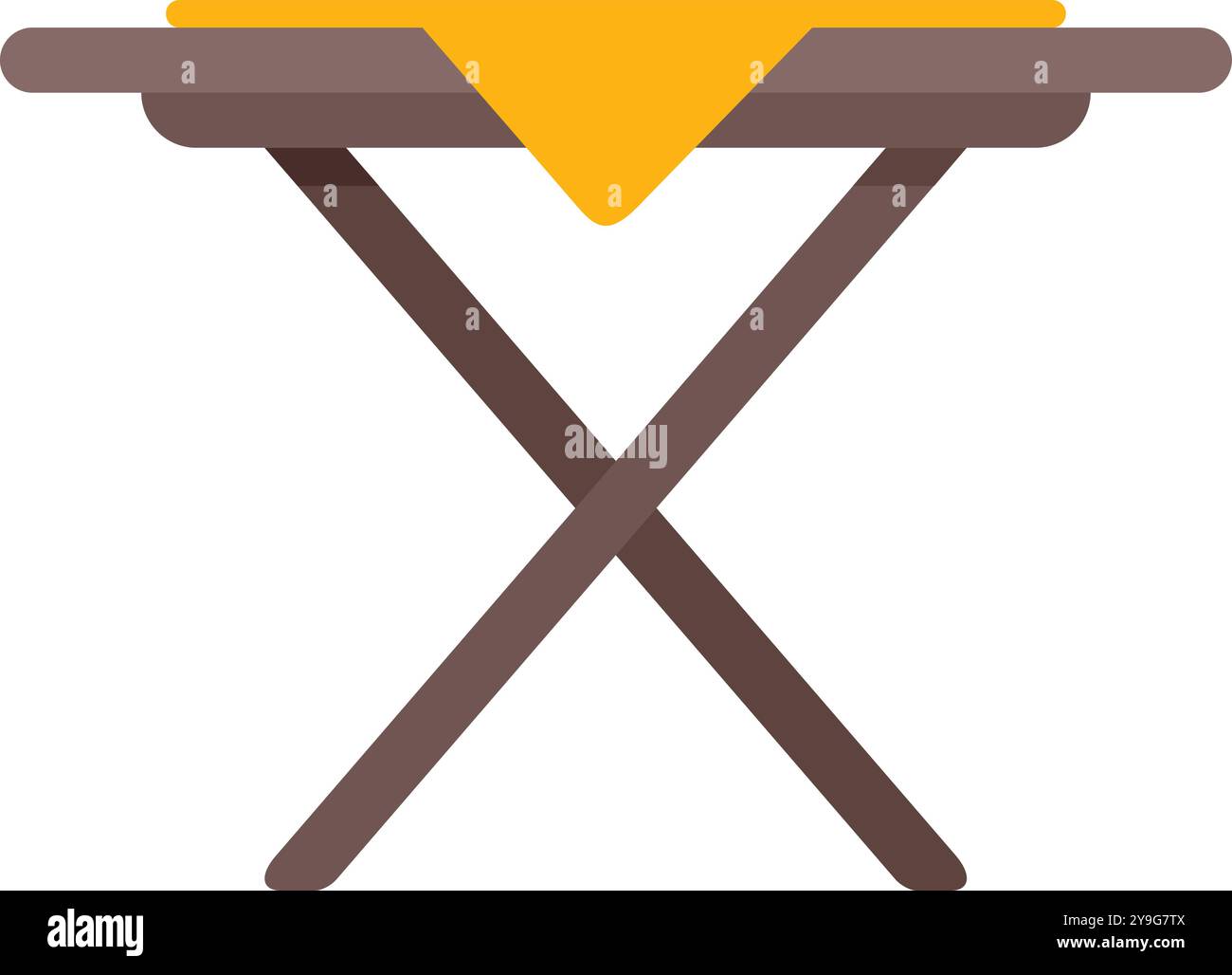 Folding table with x shaped legs and yellow tablecloth covering top ...