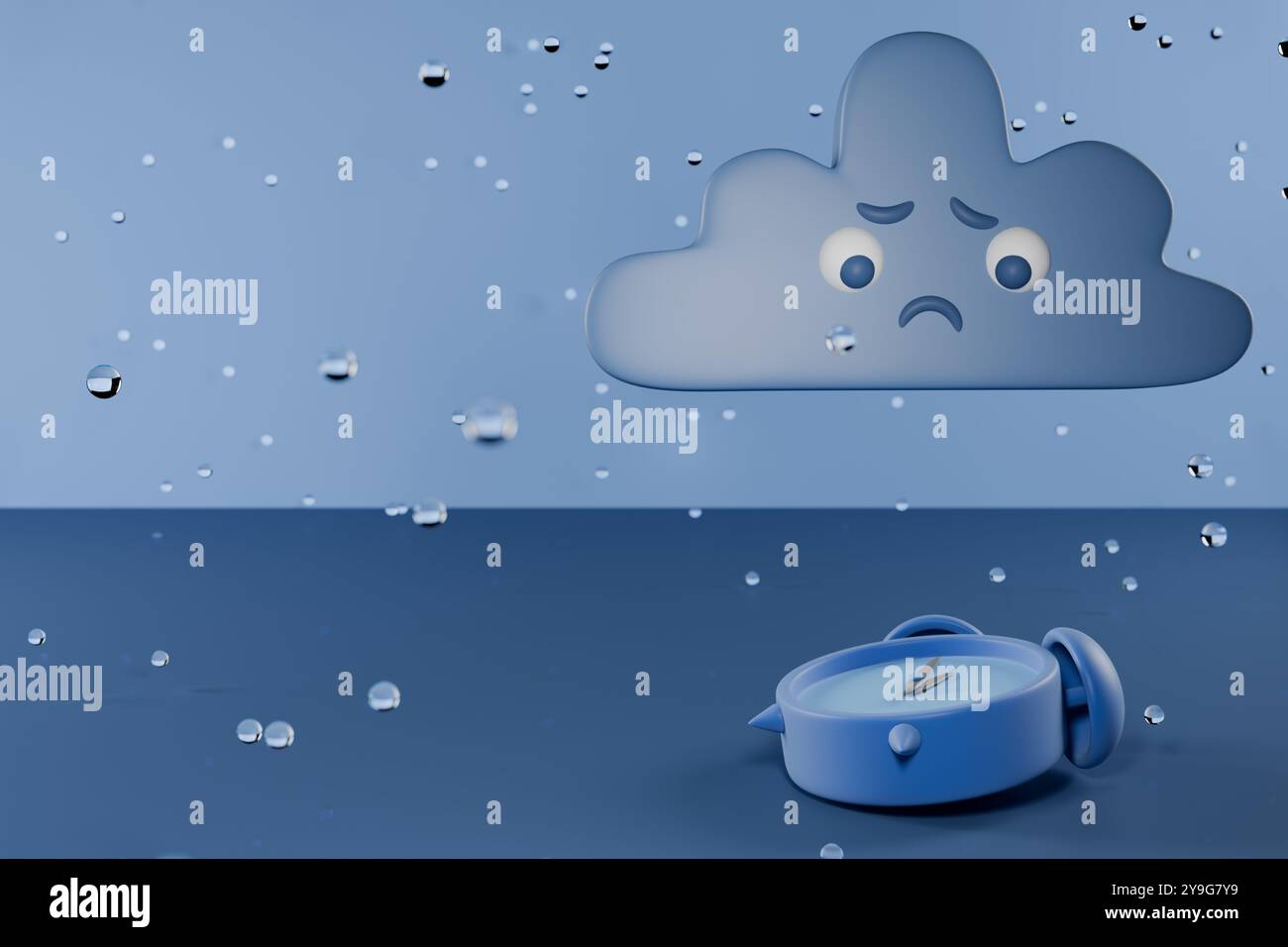 A sad blue cloud and an alarm clock symbolize a gloomy day, reflecting ...