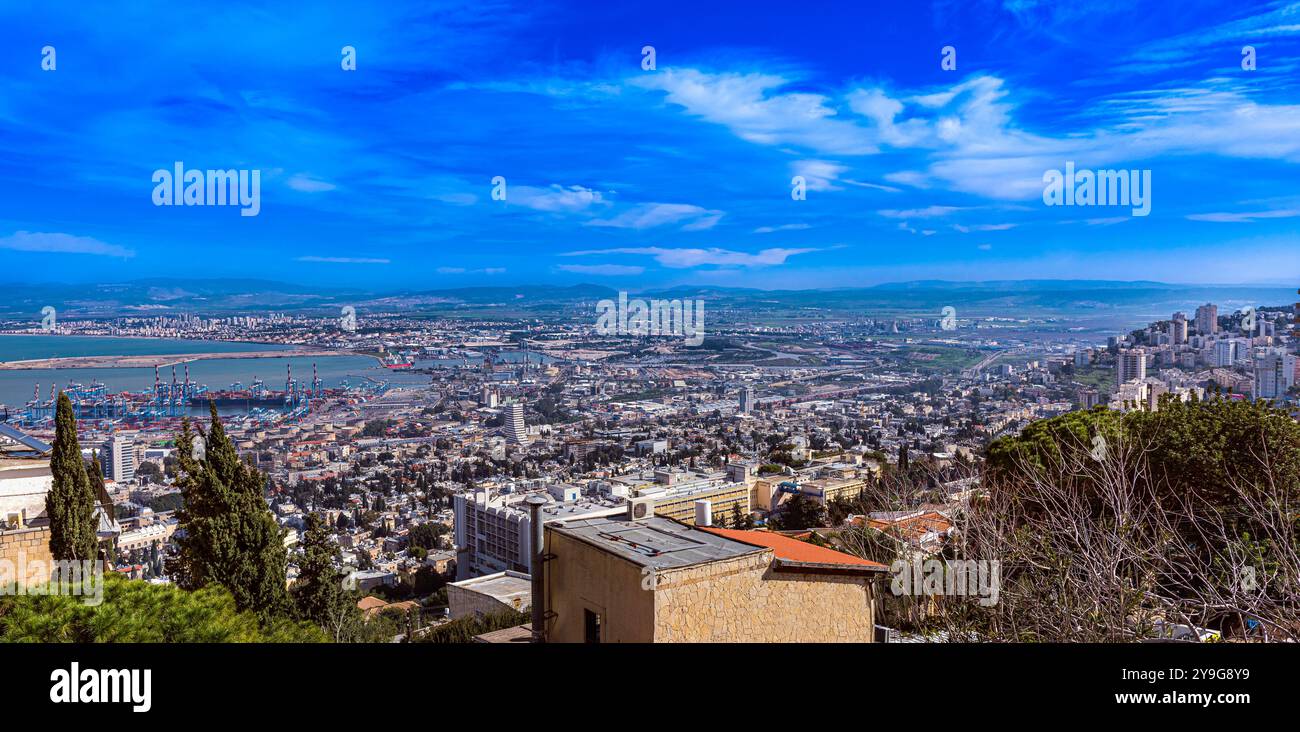 Panoramic view from Mount Carmel to cityscape and port in Haifa, Israel ...