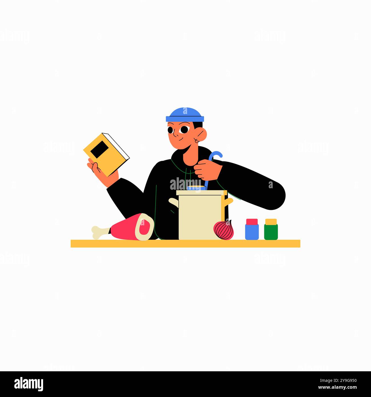 Male chef reading a cookbook while cooking in flat vector illustration ...